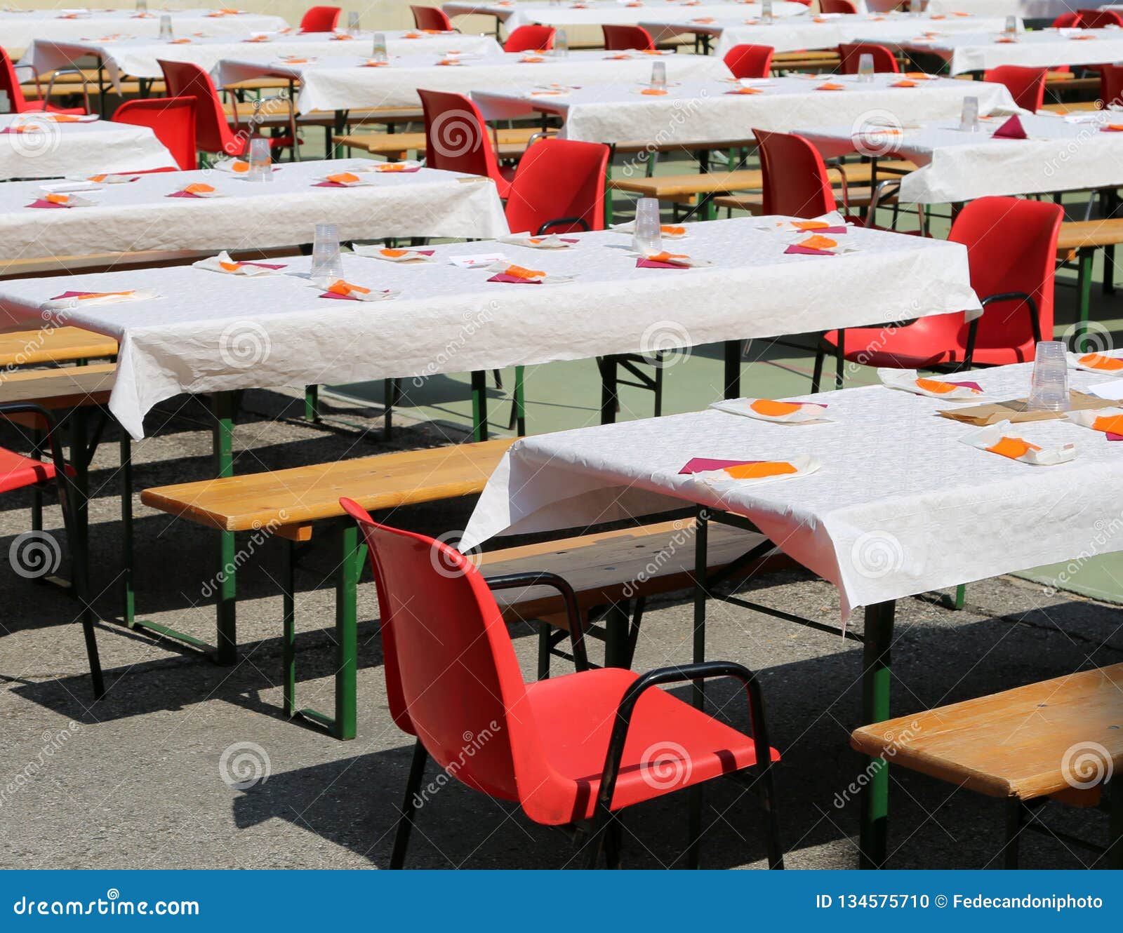 Many Tables Set Outdoors for a Big Lunch Stock Photo - Image of tables ...