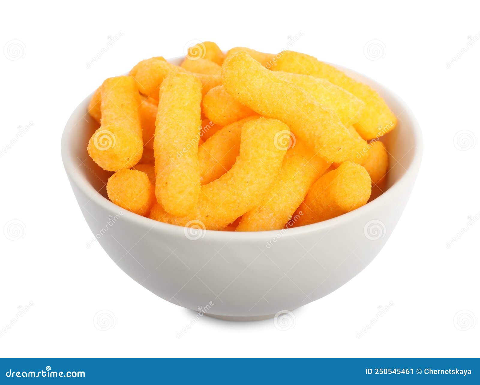Many Tasty Cheesy Corn Puffs in Bowl Isolated on White Stock Image ...