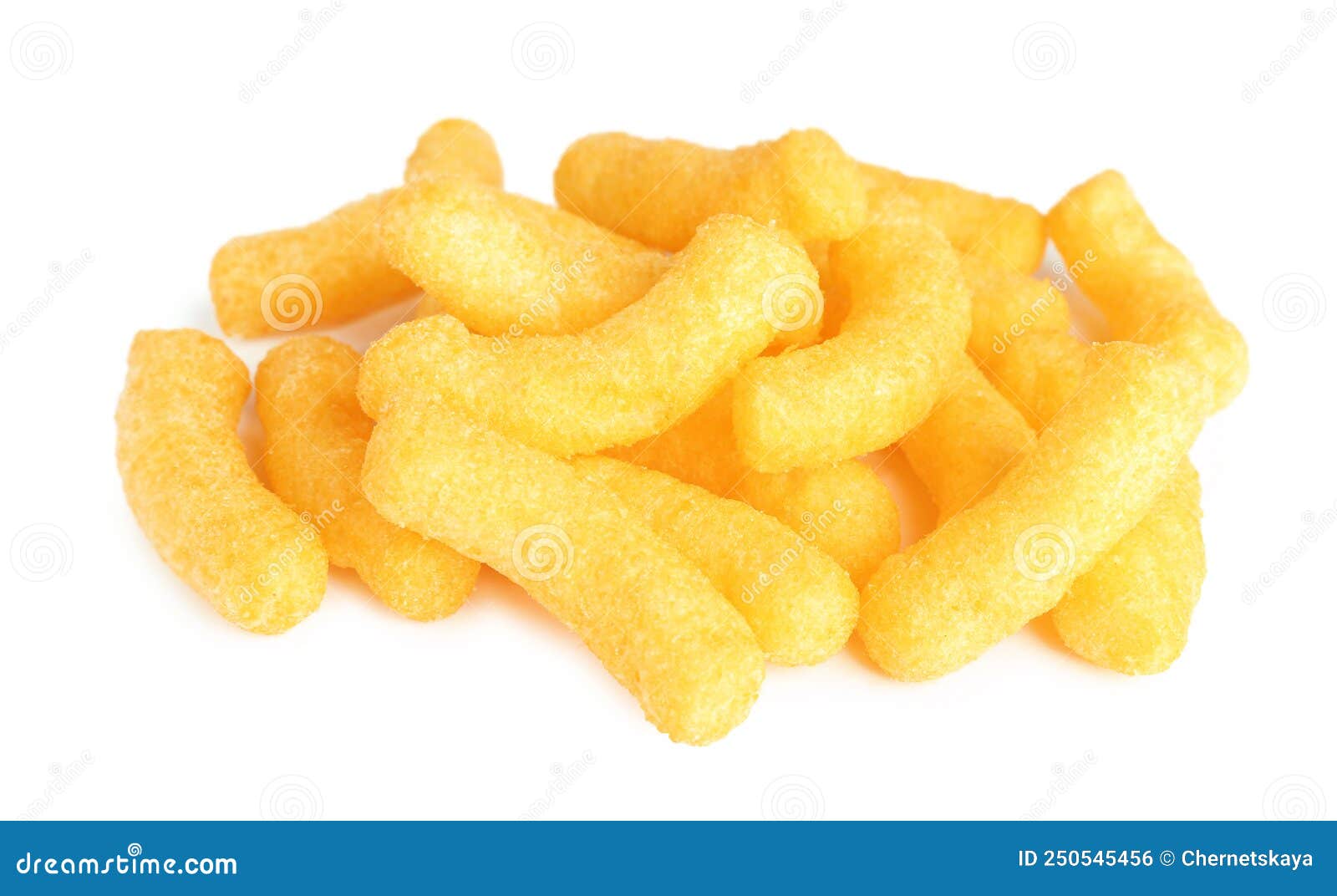 Many Tasty Cheesy Corn Puffs Isolated on White Stock Photo - Image of ...