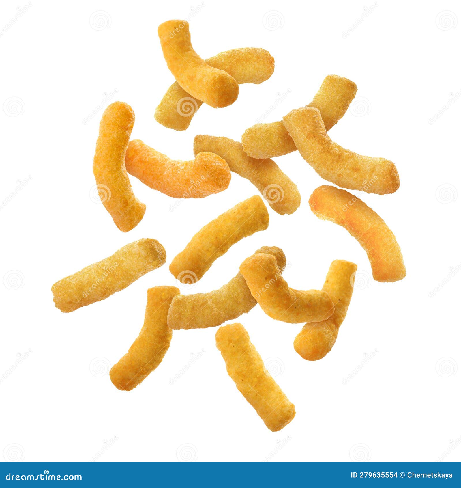 Many Tasty Corn Sticks Falling on White Background Stock Photo - Image ...