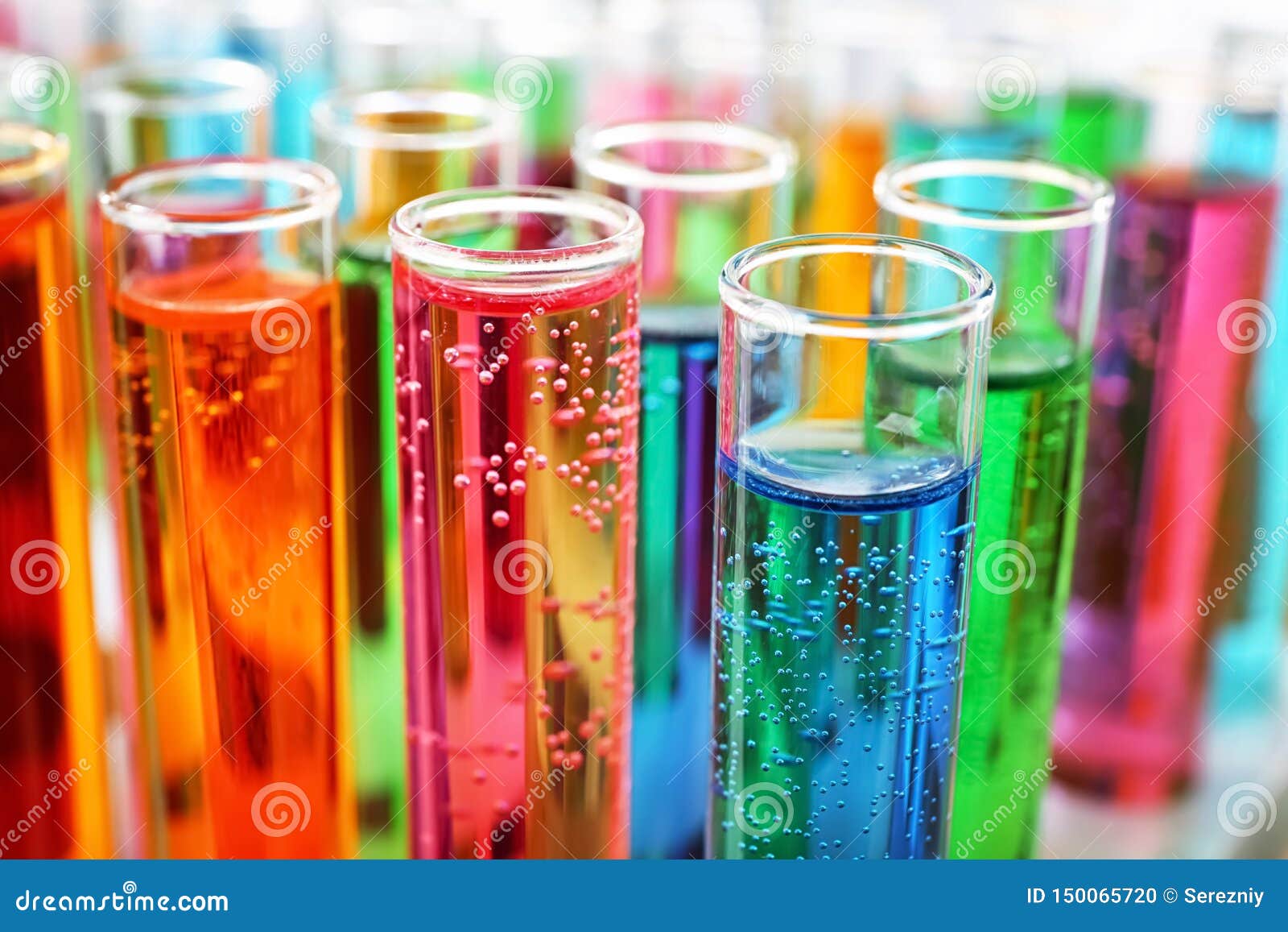 Many Test Tubes with Colorful Liquids, Closeup Stock Photo - Image of ...
