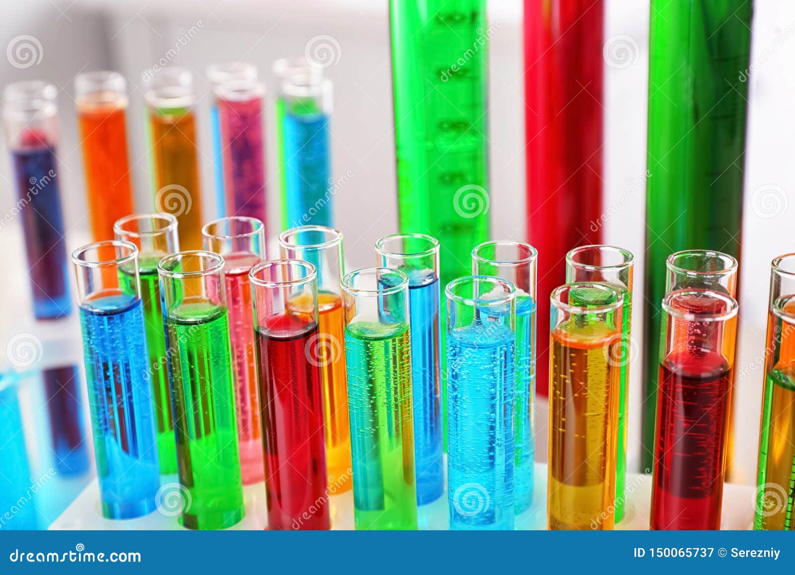 Many Test Tubes with Colorful Liquids, Closeup Stock Image - Image of ...