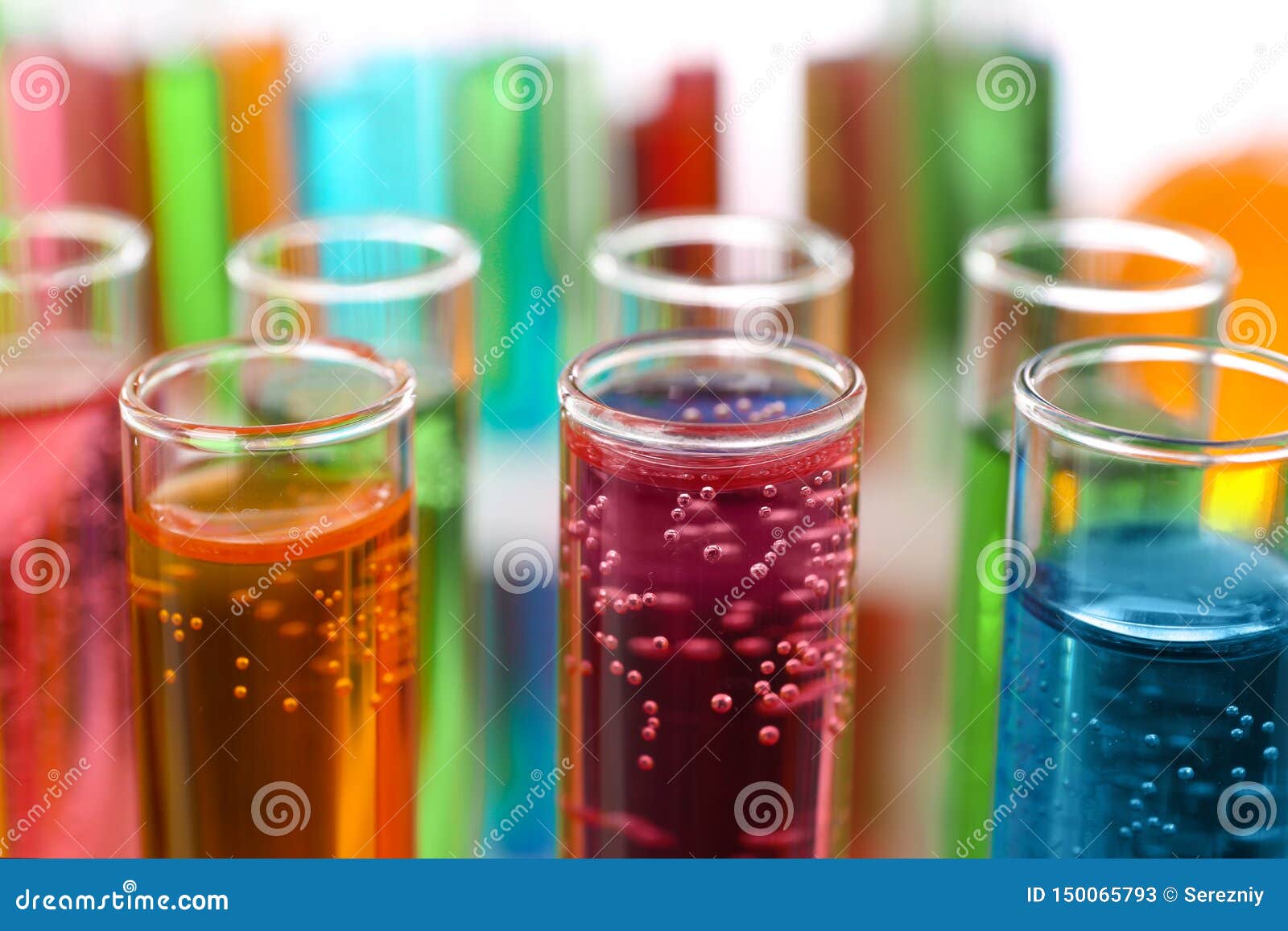 Many Test Tubes with Colorful Liquids, Closeup Stock Image - Image of ...