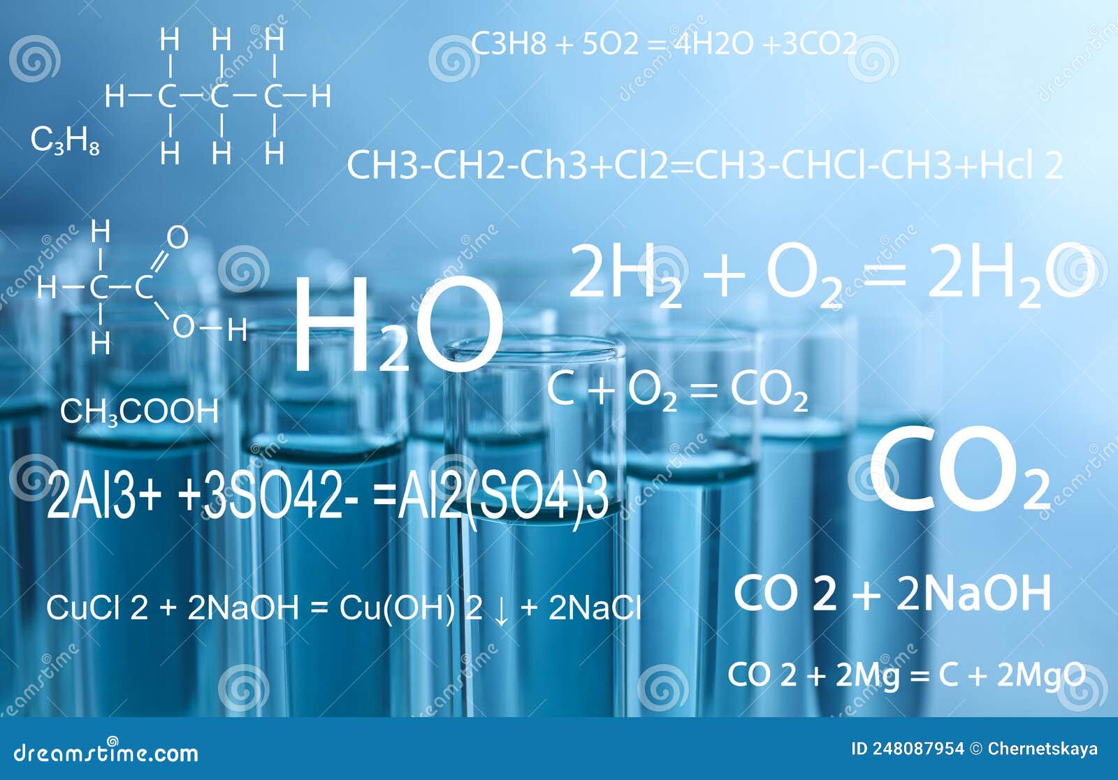 Many Test Tubes with Liquid Samples on Blue Background, Closeup Stock ...