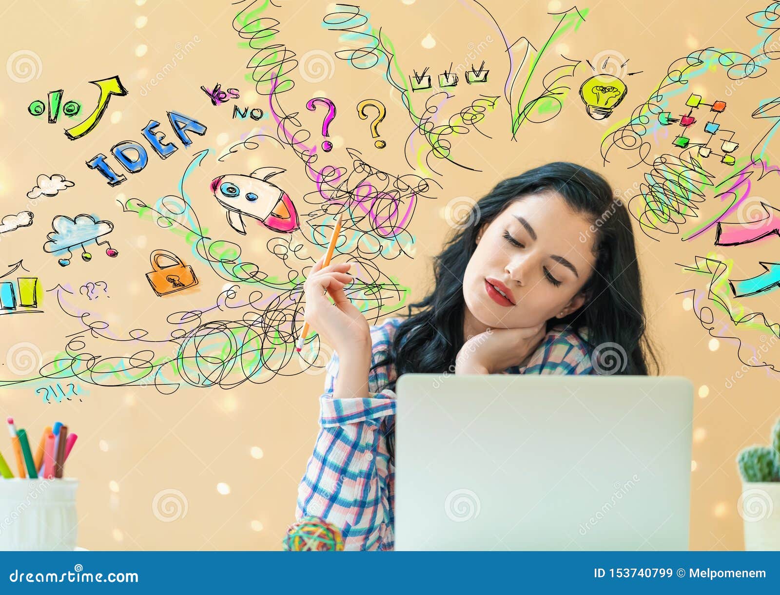 Many Thoughts with Young Woman Stock Image - Image of drawing, idea ...