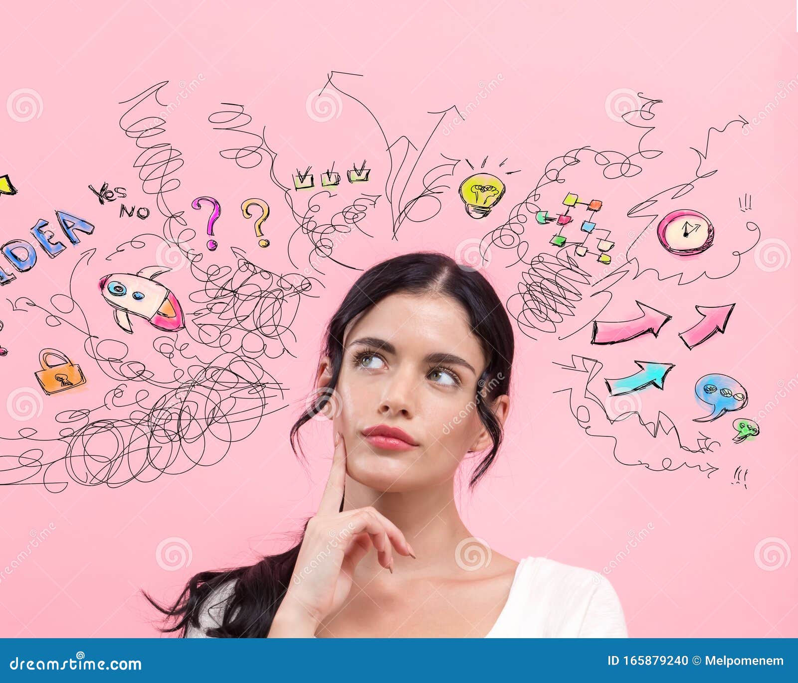 Many Thoughts with Young Woman Stock Photo - Image of casual, head ...