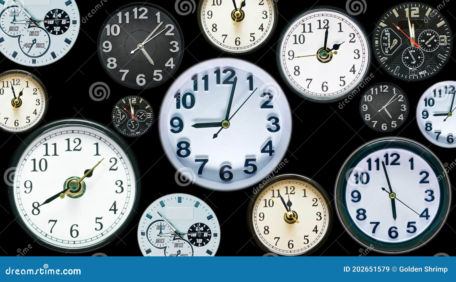 Many Time Clock Faces Appear Showing Different Time. Various Clocks in ...