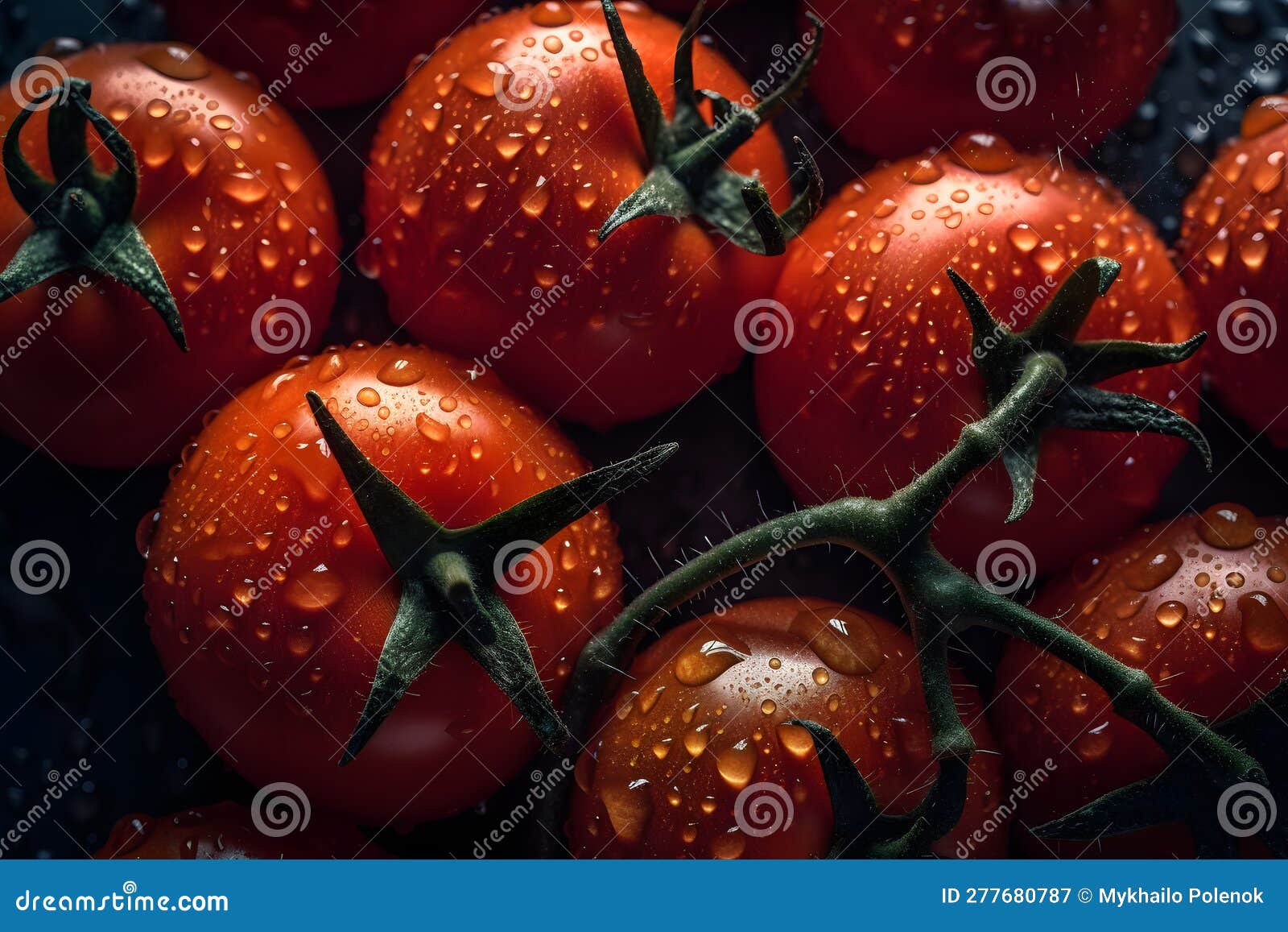 Many Tomatoes with Water Drops, Abstract Background. Neural Network AI ...