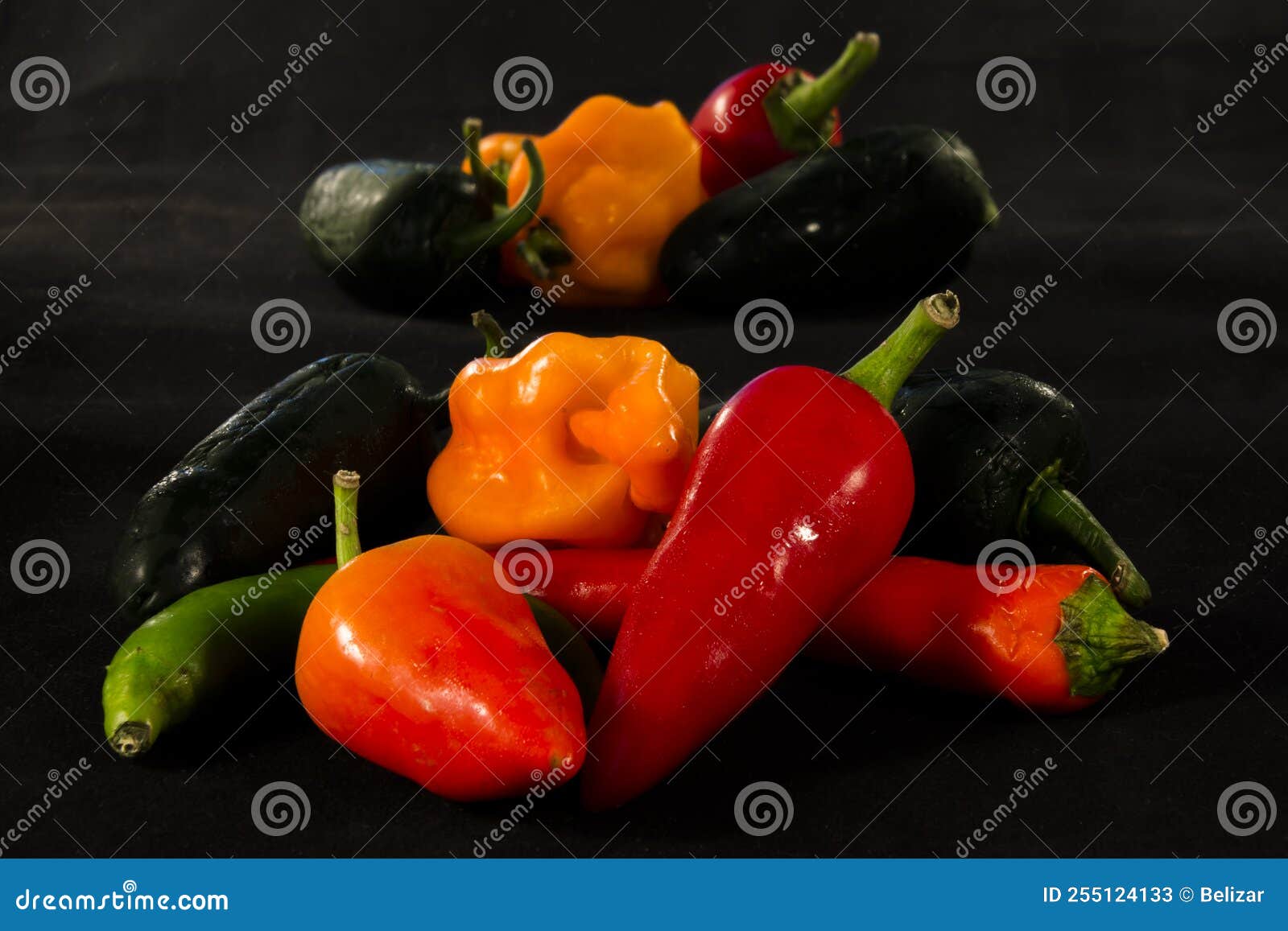 Many Types of Hot Chilli Peppers in the Dark Stock Image - Image of ...