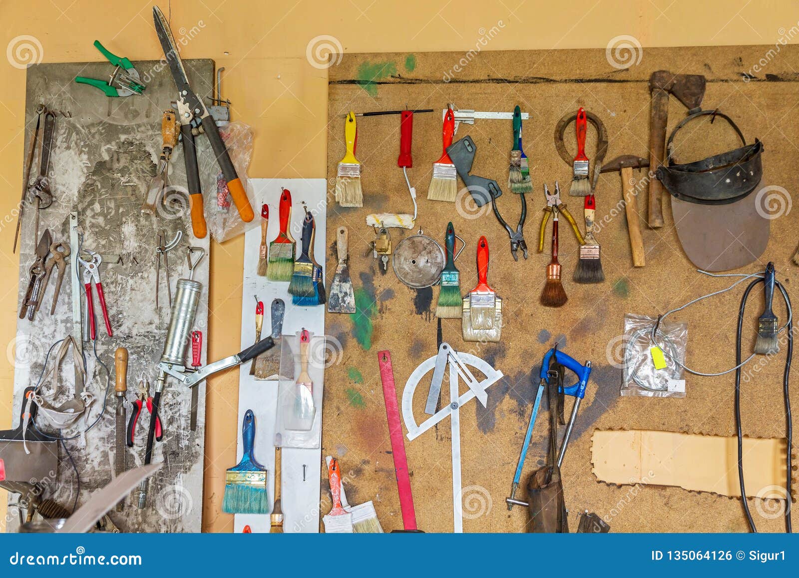 Hanging Tools on Wood Panel Stock Photo - Image of construction, house ...