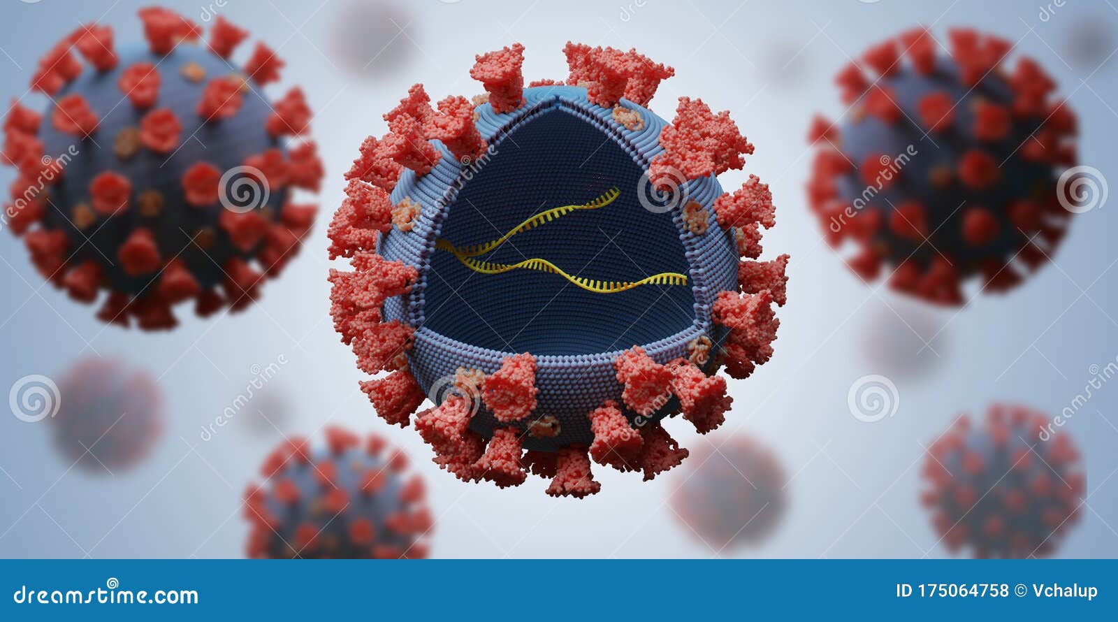 Many Viruses with RNA Molecule Inside. Infection Concept. 3D Rendered ...