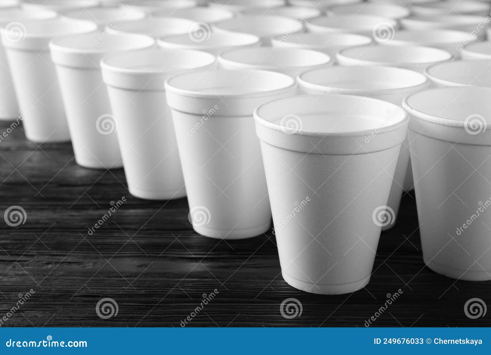 Many White Styrofoam Cups on Black Wooden Table, Closeup Stock Image ...