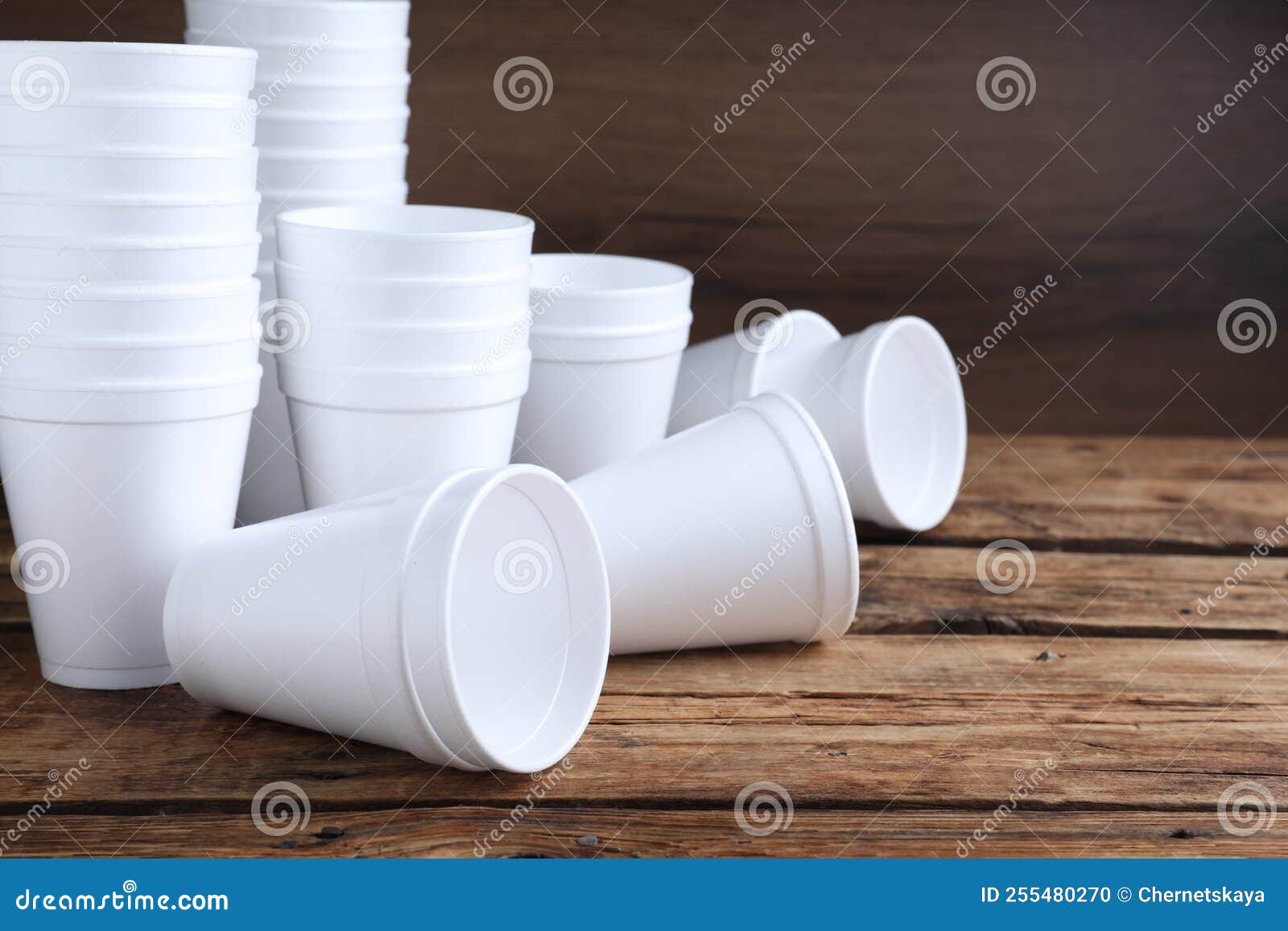Many White Styrofoam Cups on Wooden Table, Space for Text Stock Photo ...