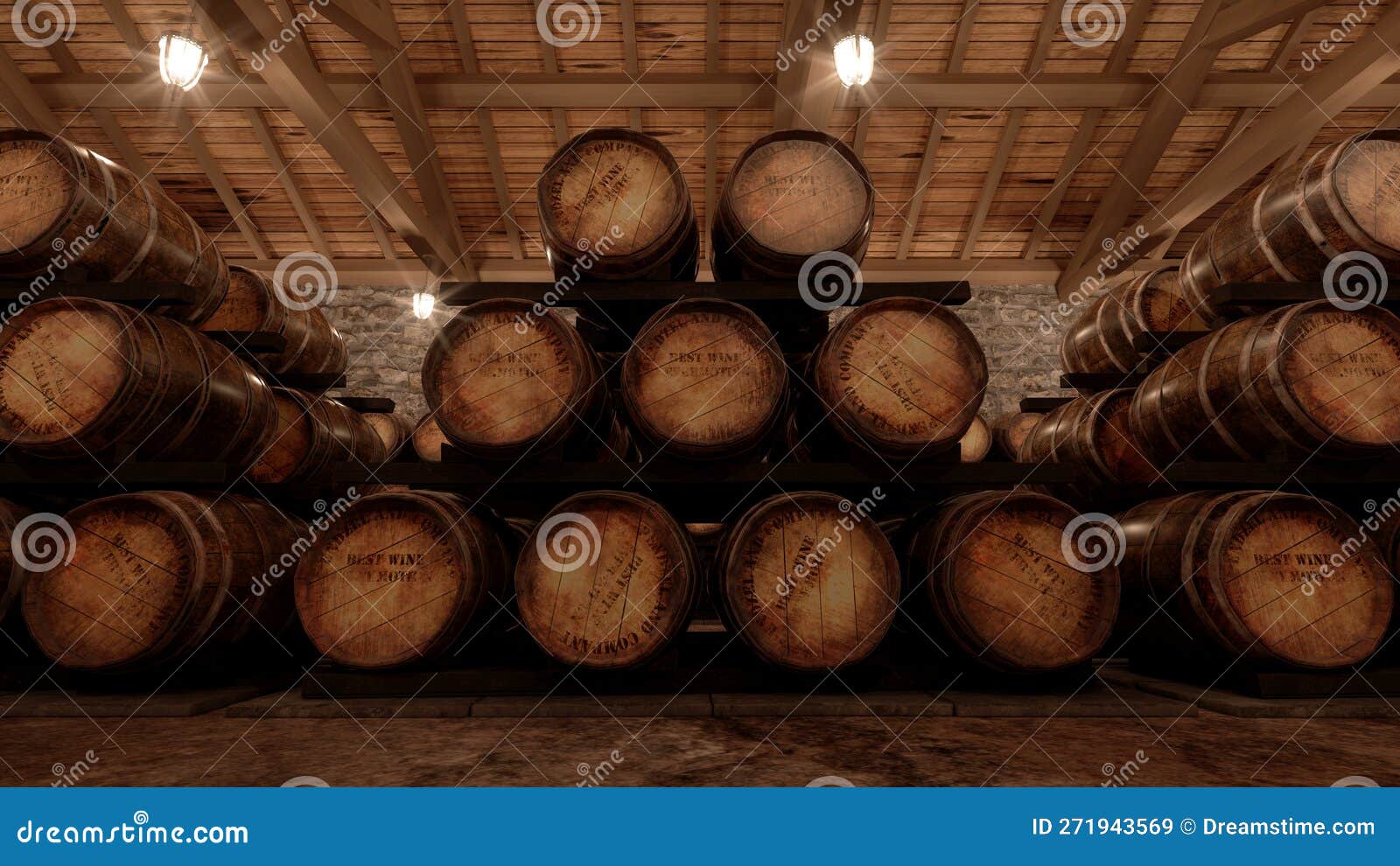 Many Wine Barrels in a Cellar with Stone Walls Stock Illustration ...