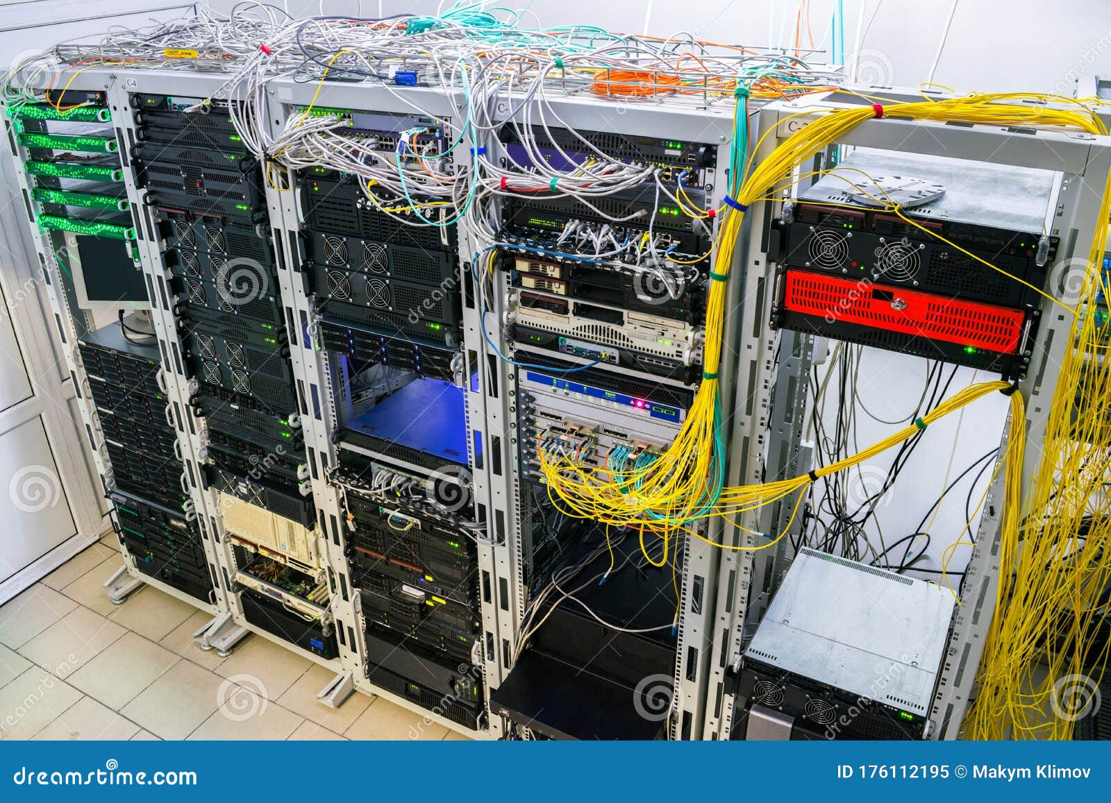 Many Wires Intertwine on Top of Server Cabinets. Racks with Internet ...