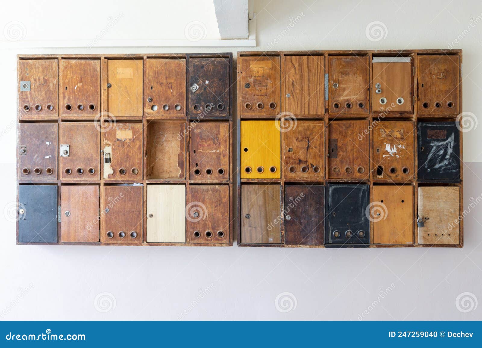 Many Wooden Post Boxes in Old Apartment Building. Postage Boxes in an ...