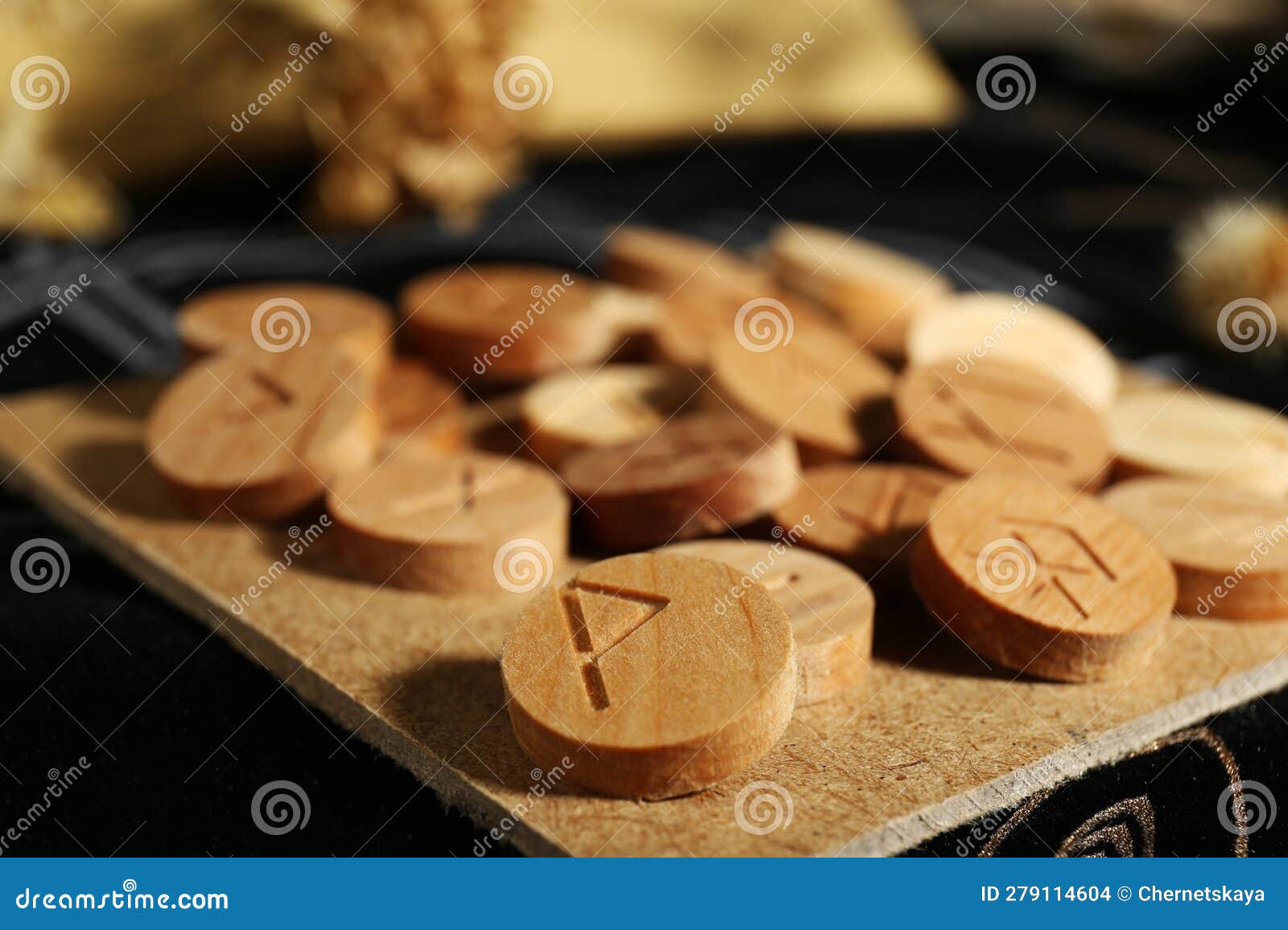 Many Wooden Runes on Divination Mat, Closeup Stock Photo - Image of ...