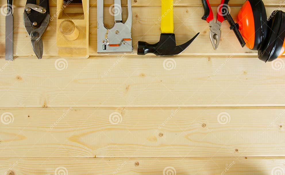 Many Working Tools on a Wooden Background Stock Photo - Image of metal ...