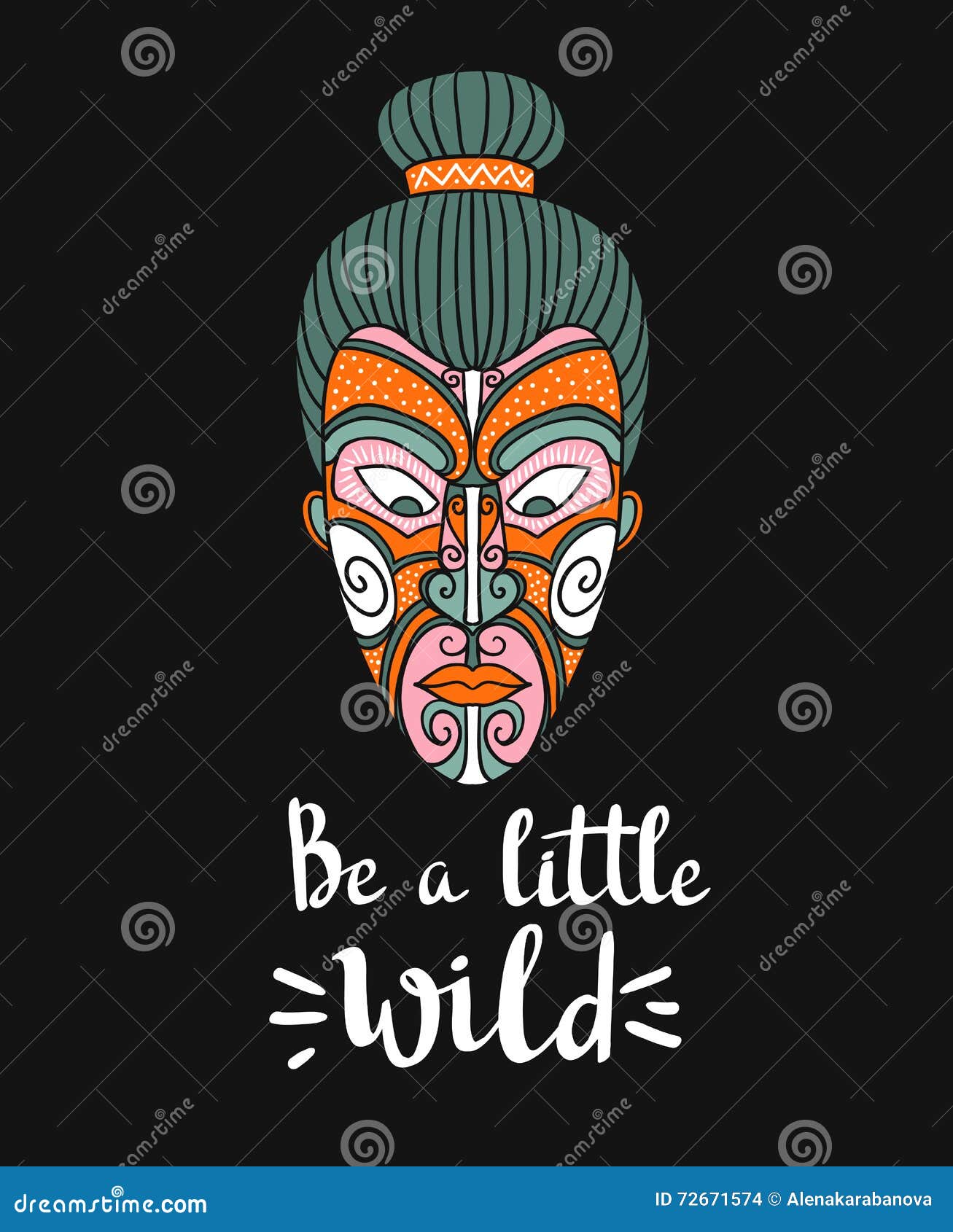 Maori Mask. Vector Print Design. Stylish Card With Boho Lettering ...