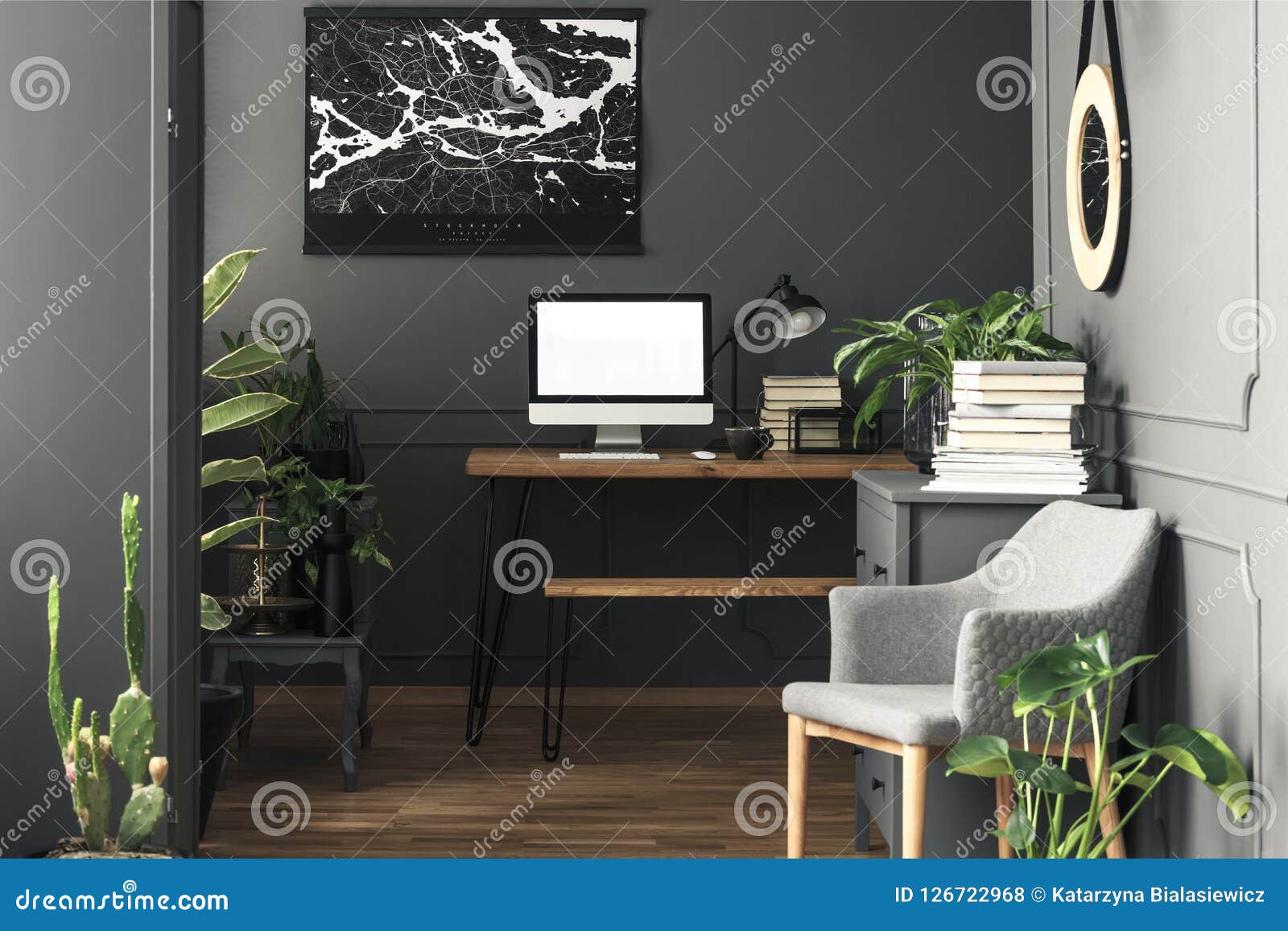 Map Above Desk with Mockup of Desktop Computer in Grey Workspace Stock ...