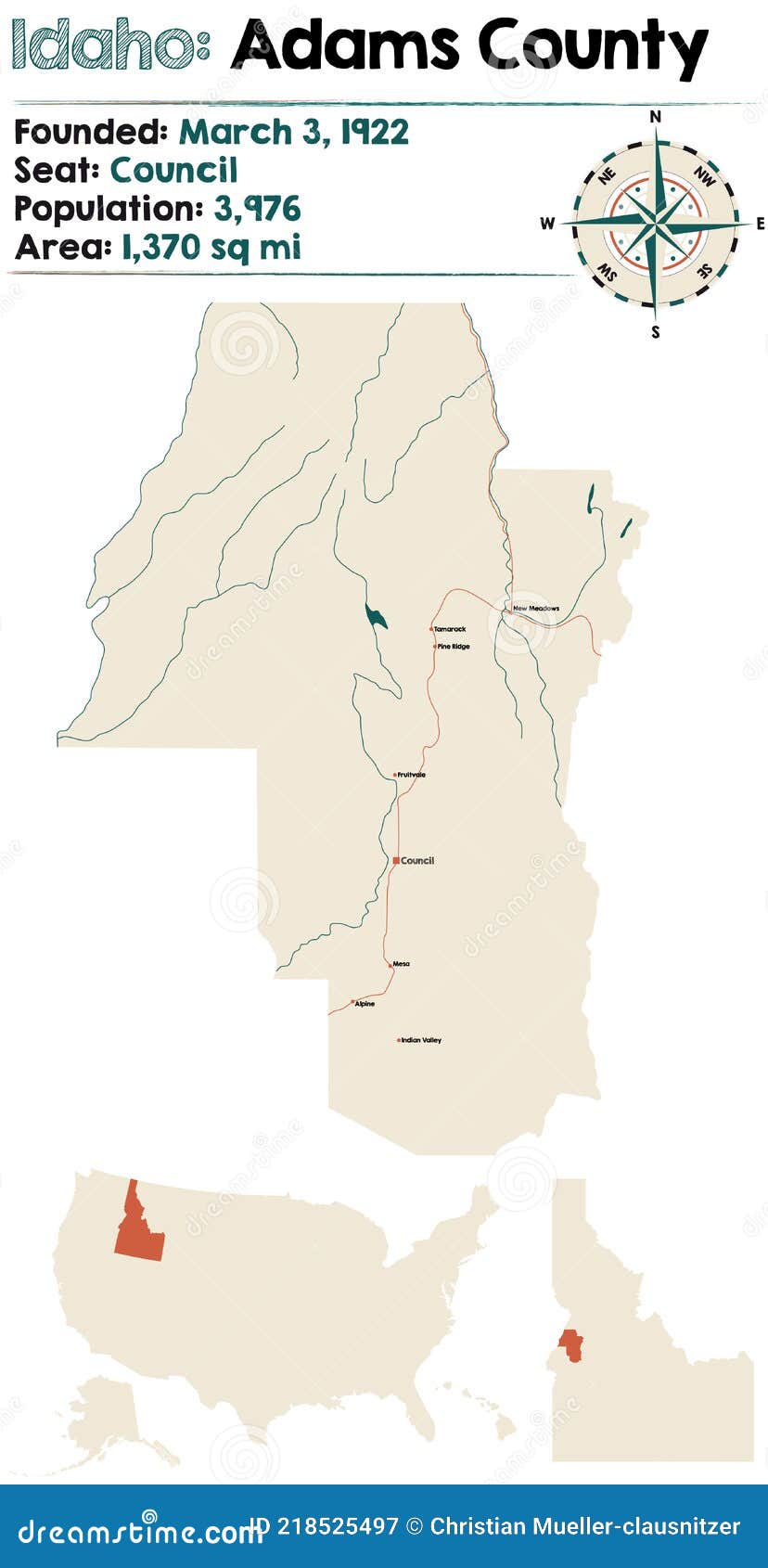 Map Of Adams County In Washington DC State On White Background. Single ...