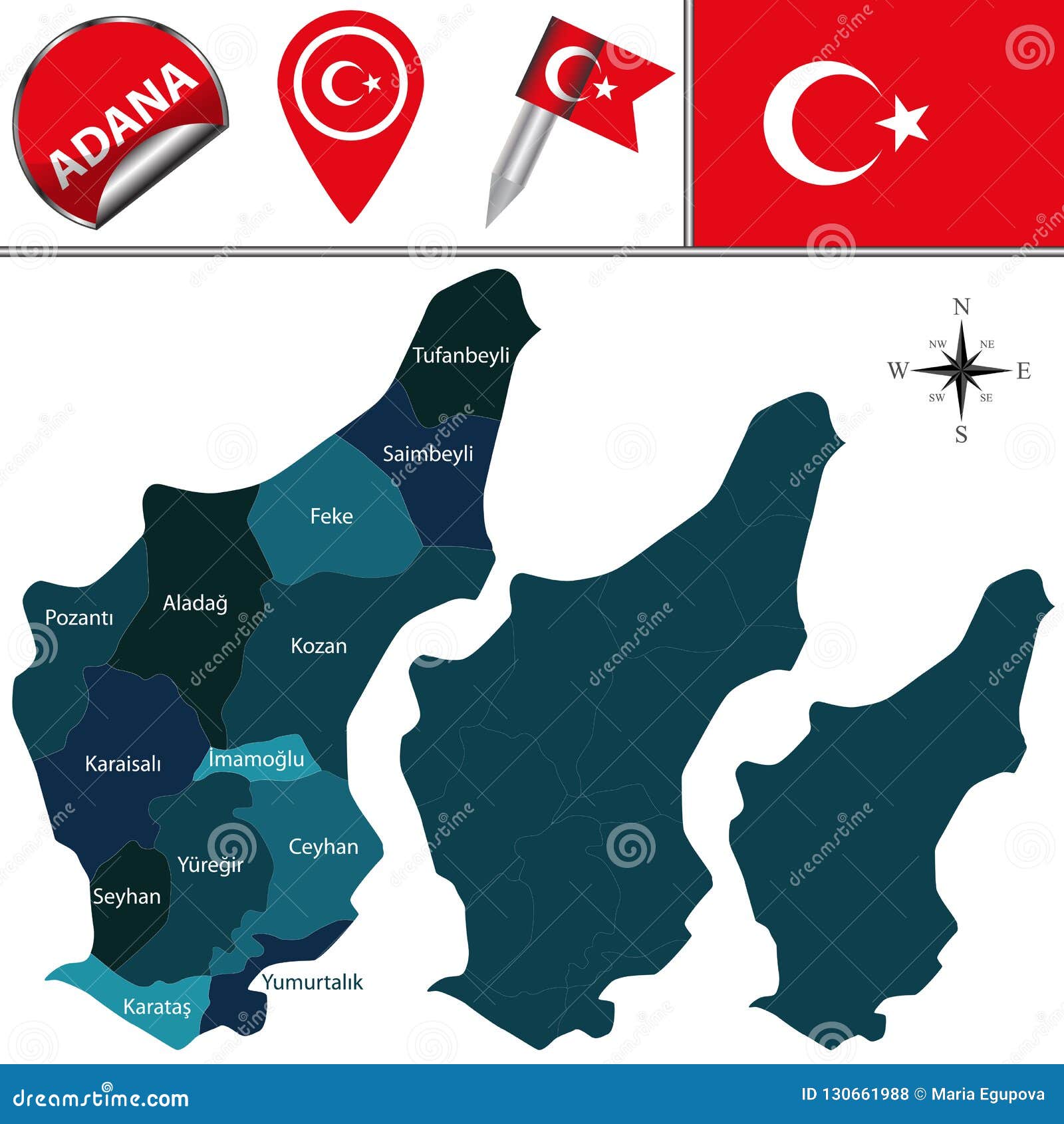 Map of Adana, Turkey with Districts Stock Vector - Illustration of ...