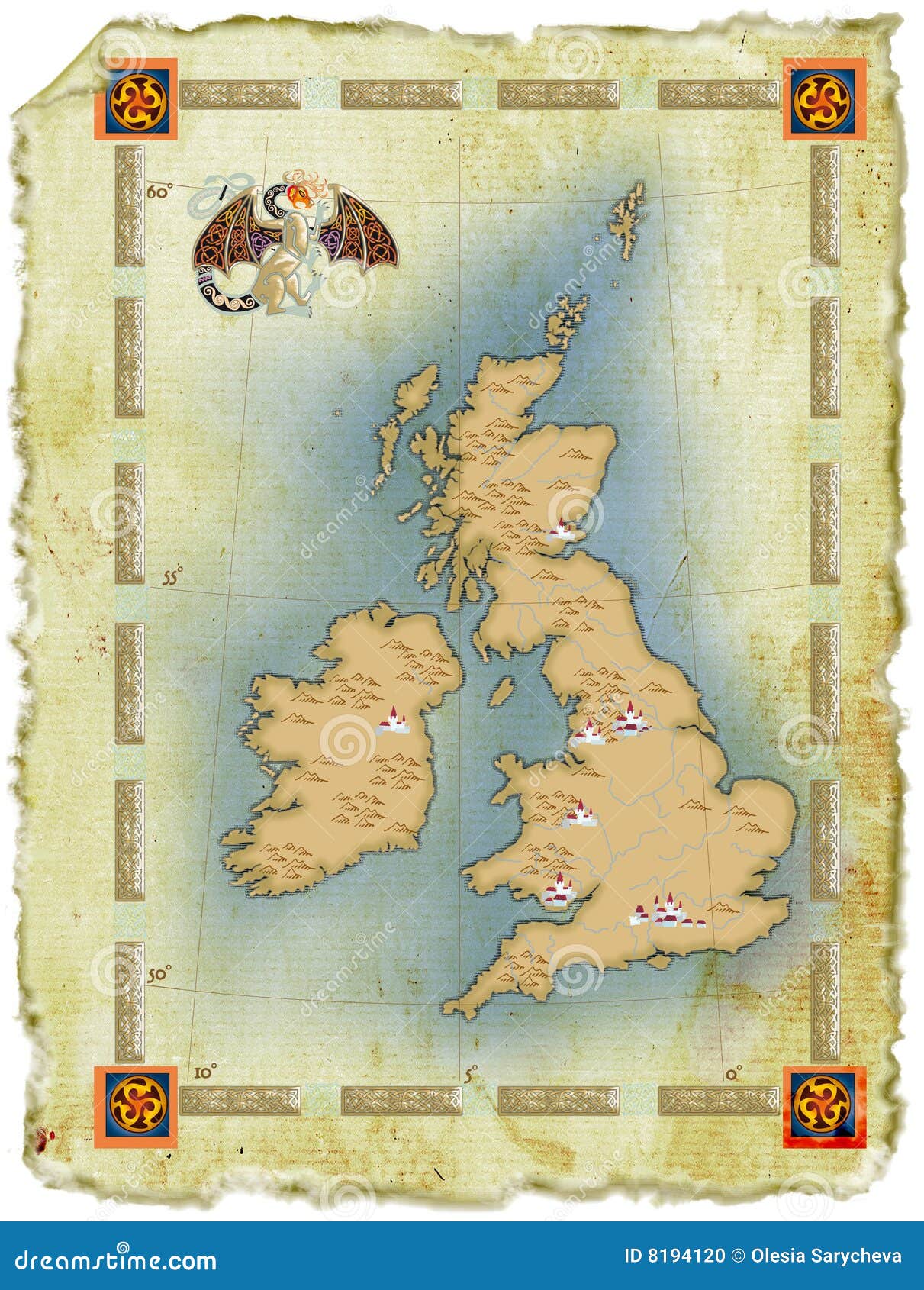 Map in Age-old Style with a Dragon Stock Illustration - Illustration of ...