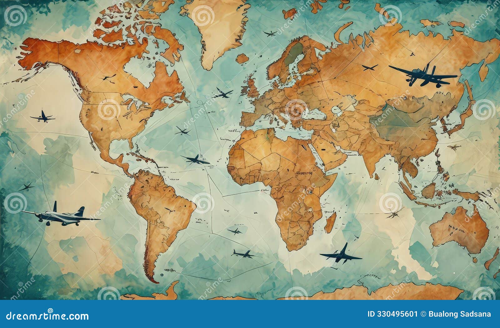 Map with Airplanes Flying Around it Stock Illustration - Illustration ...