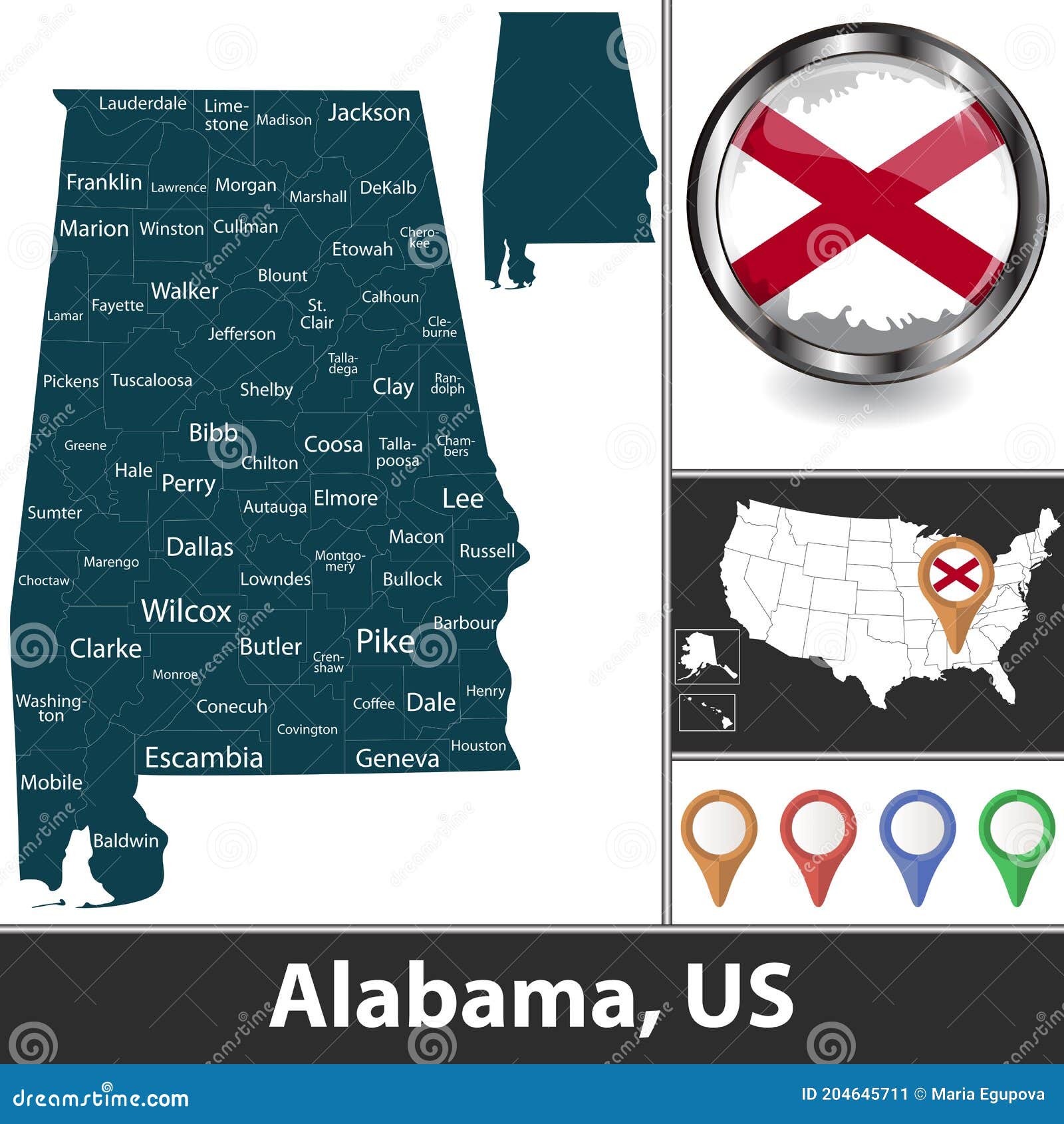 Map of Alabama, US stock vector. Illustration of regions - 204645711