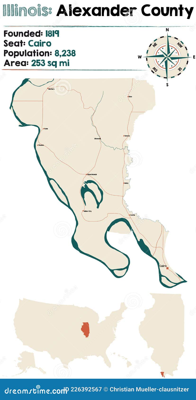 Map of Alexander County in Illinois Stock Vector - Illustration of ...