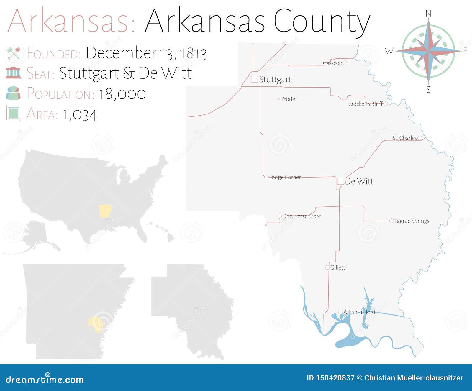 Map of Arkansas County in Arkansas Stock Vector - Illustration of ...