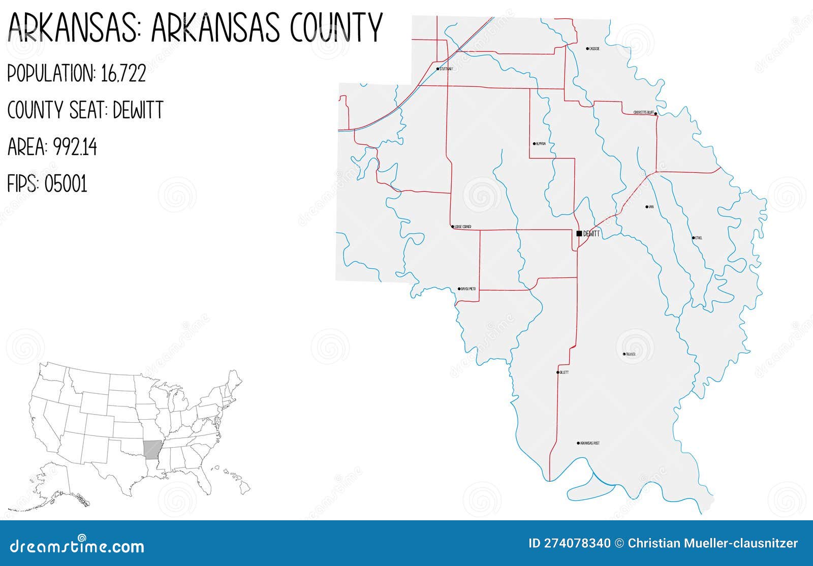 Map of Arkansas County in Arkansas, USA. Stock Vector - Illustration of ...