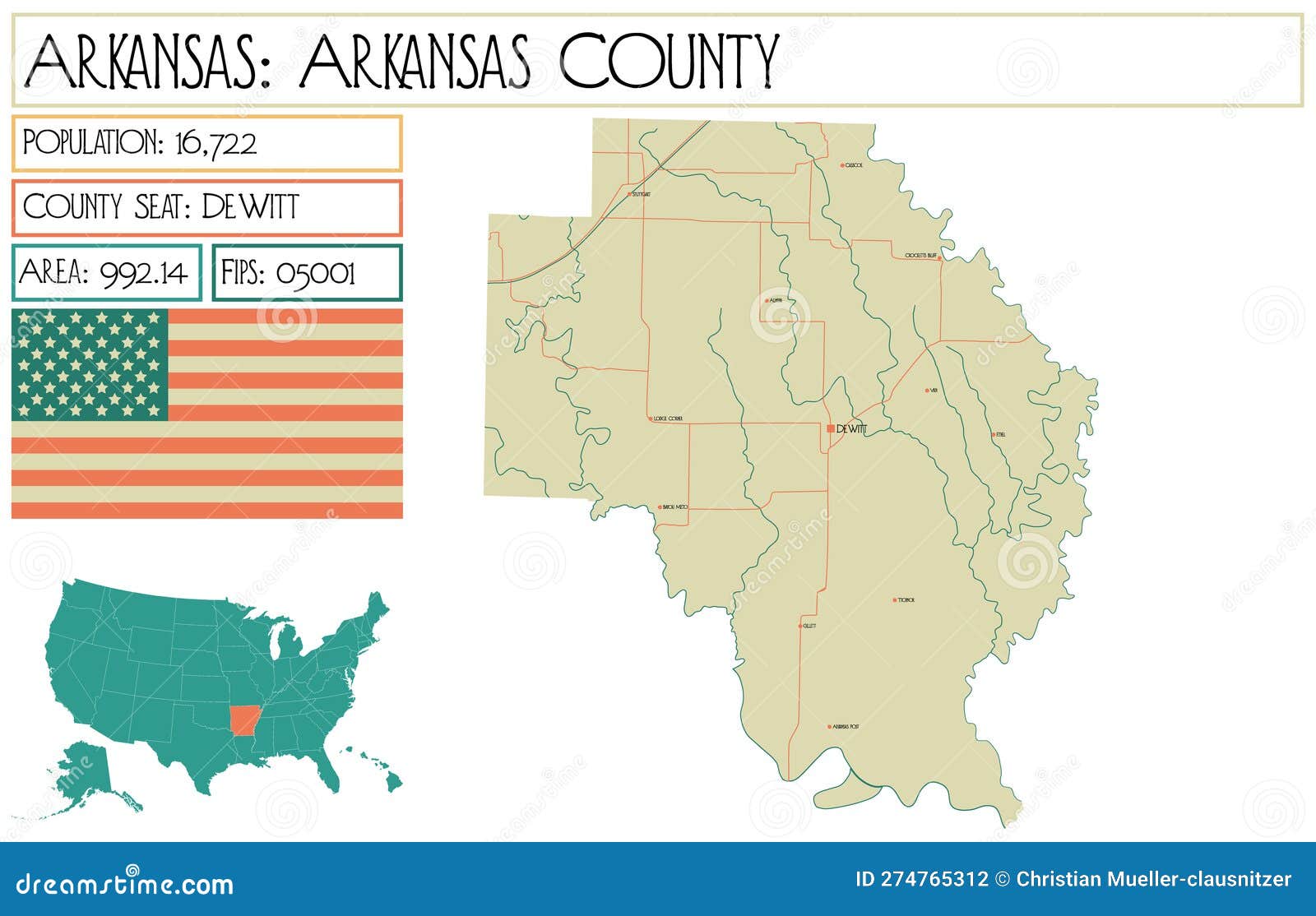 Map of Arkansas County in Arkansas, USA. Stock Vector - Illustration of ...