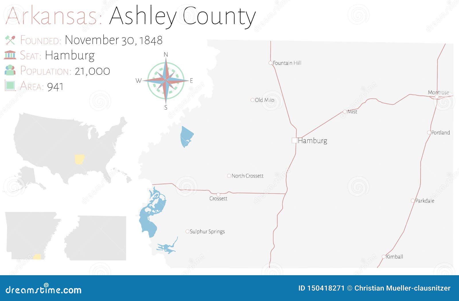 Map of Ashley County in Arkansas Stock Vector - Illustration of federal ...