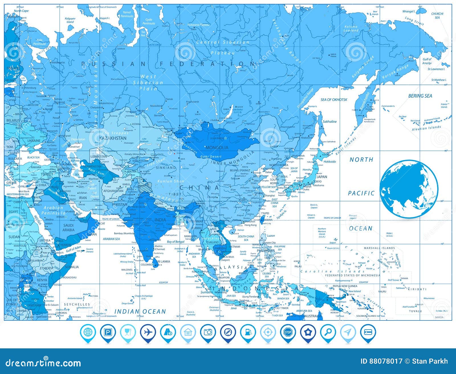 Map of Asia in Colors of Blue and Map Pointers Stock Vector ...