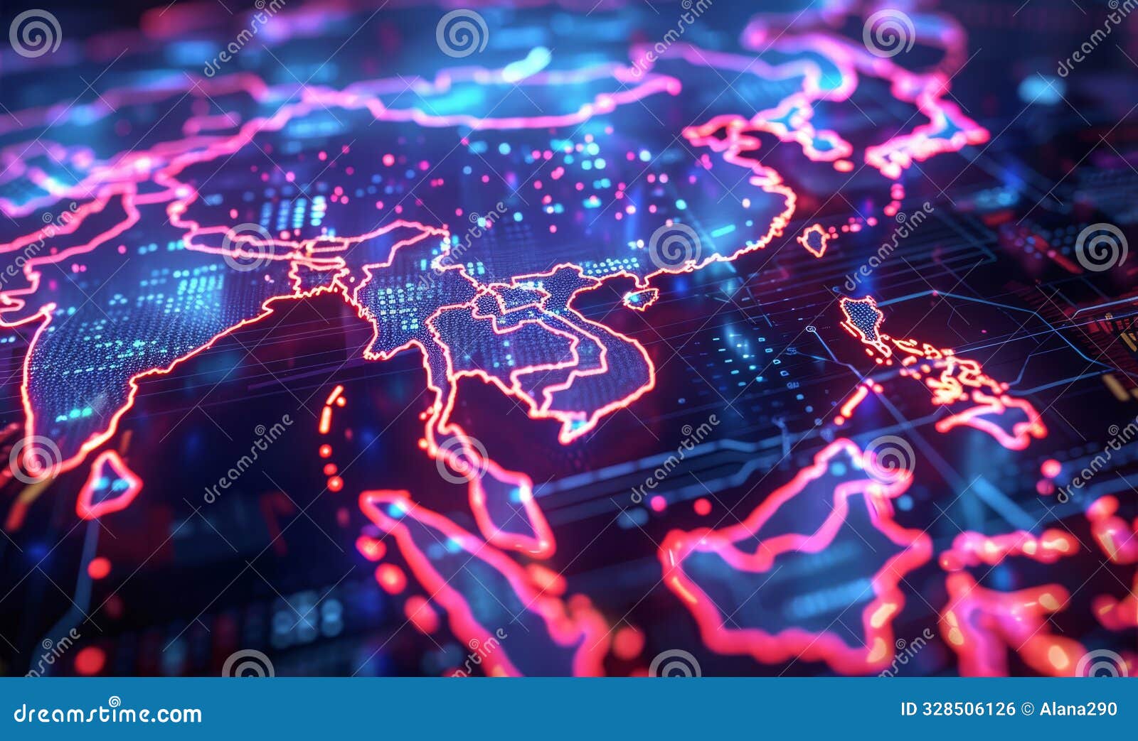 Map Of Asia - With Glowing Point And Lines Scales On The Dark Gradient ...