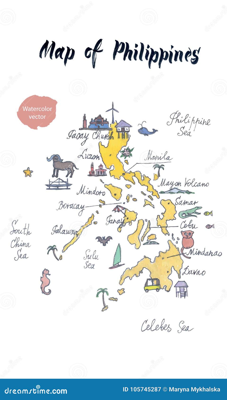 Map of Attractions of Philippines, Watercolor Hand Drawn, Vector ...
