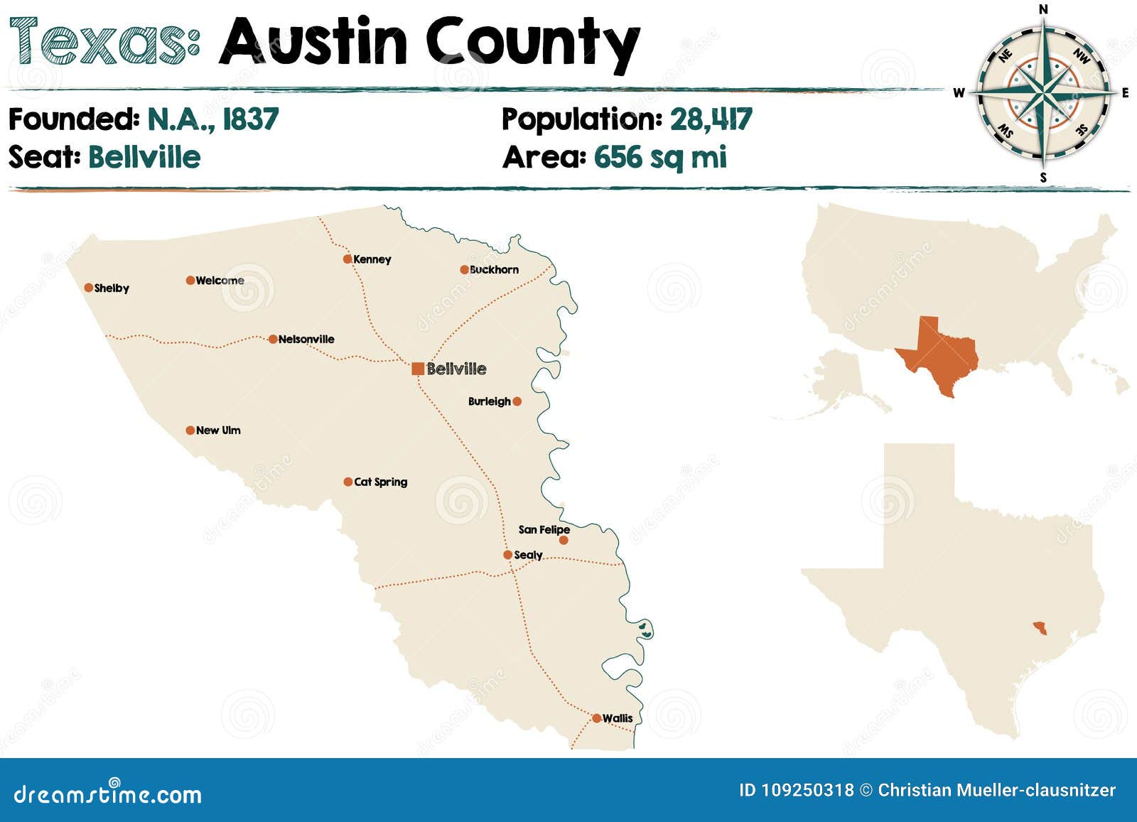Map of Austin County in Texas Stock Vector - Illustration of colorful ...