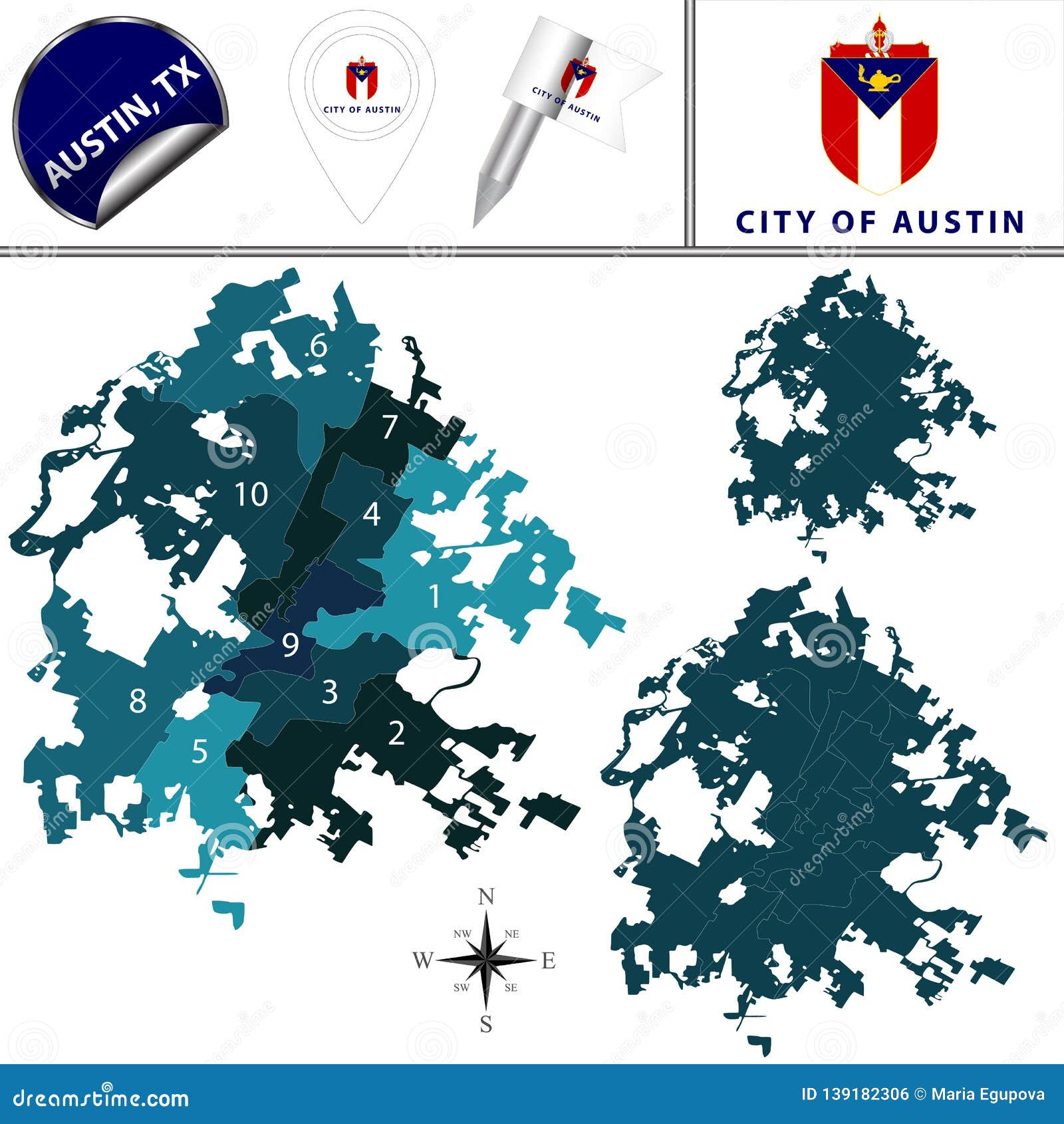 Map of Austin, TX with Districts Stock Vector - Illustration of ...