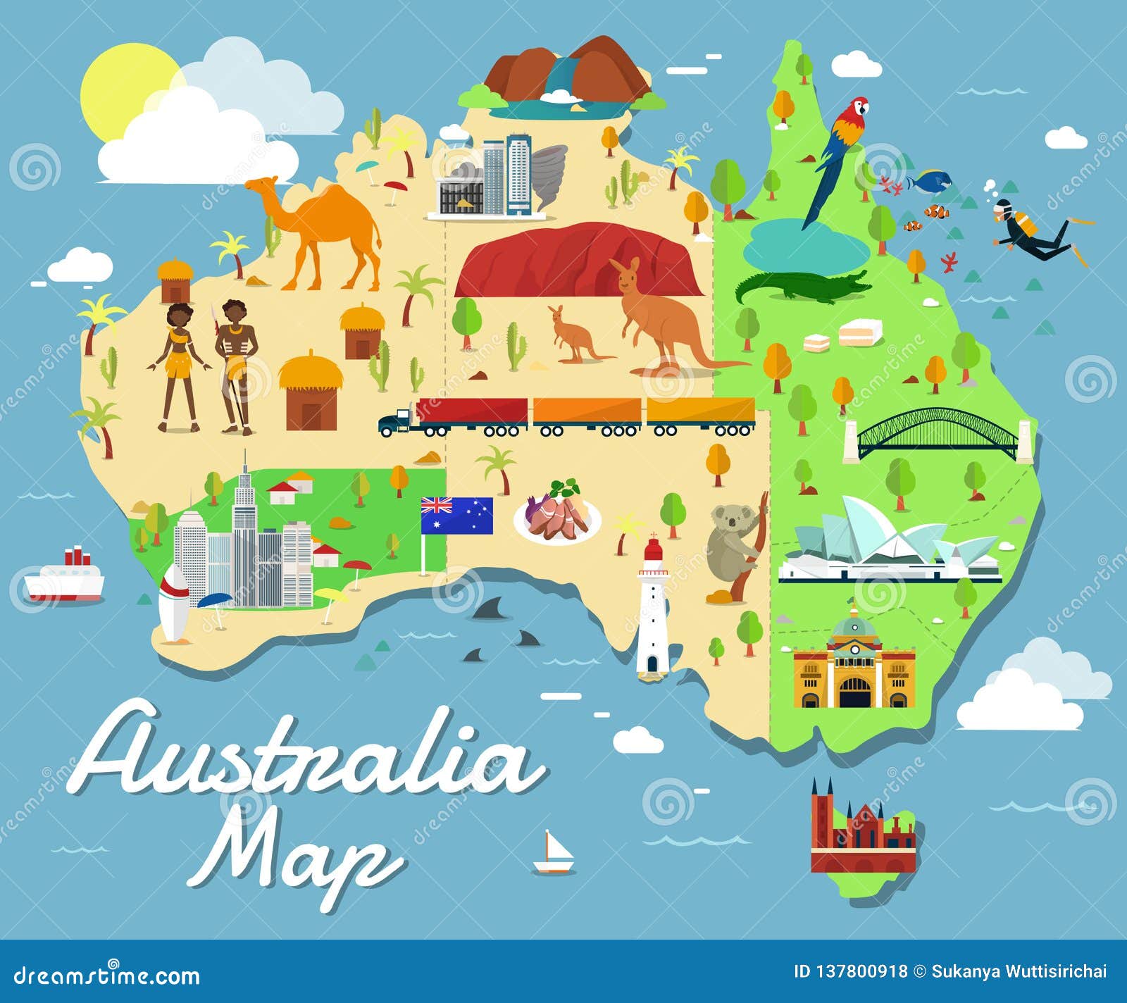 Map of Australia Attractions Vector and Illustration Stock Vector ...
