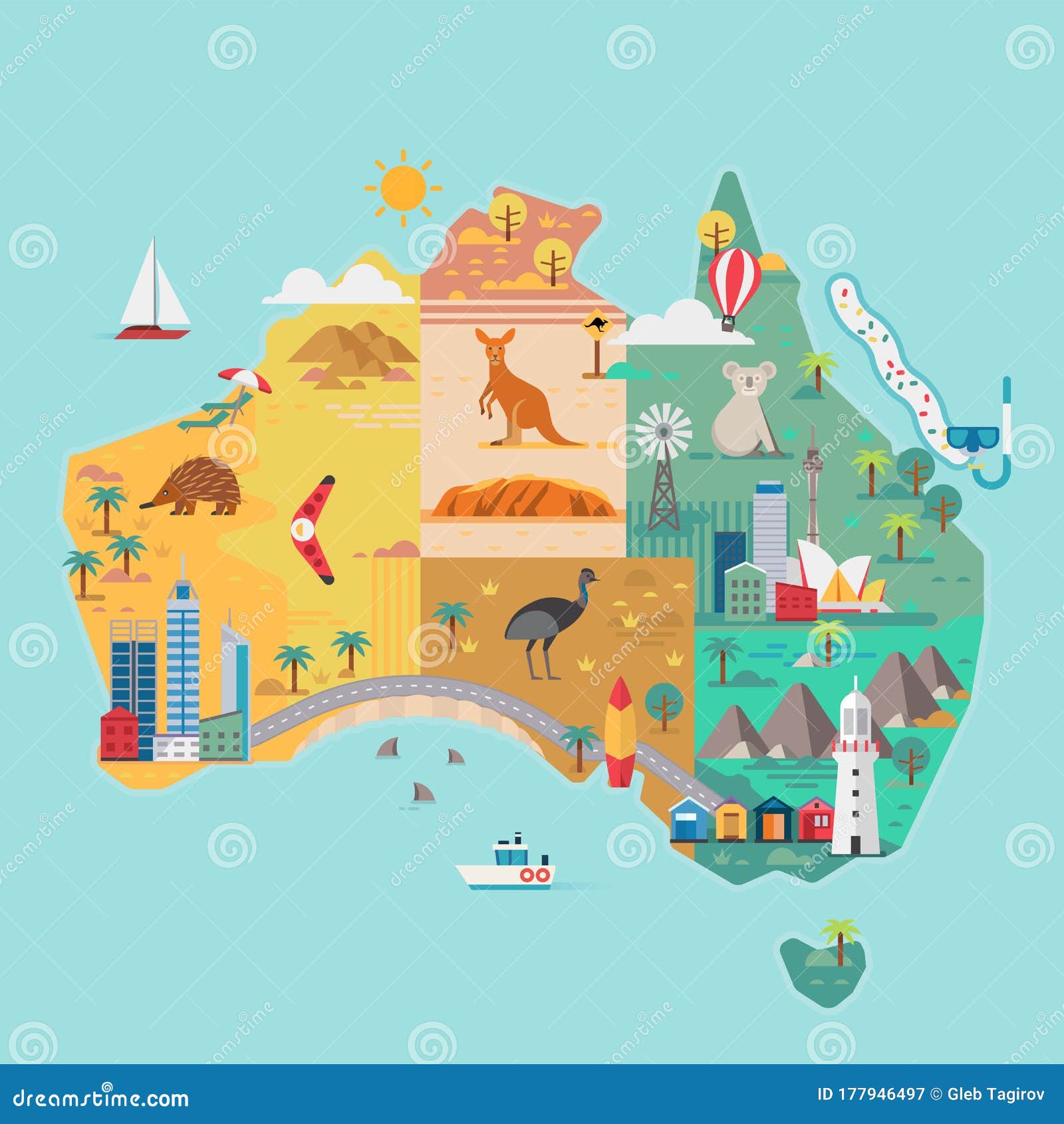 Map of Australia. Colorful Landmarks Stock Illustration - Illustration ...