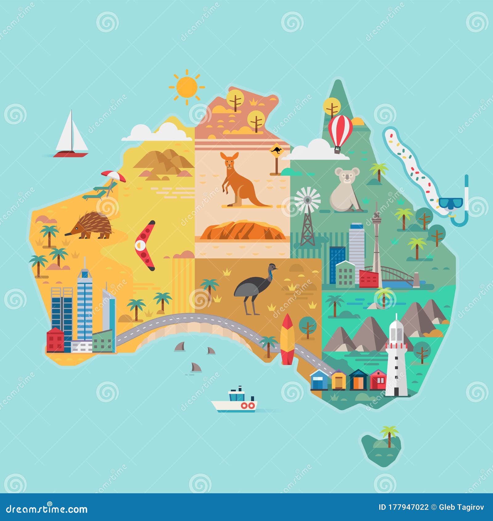 Map of Australia. Colorful Landmarks Stock Illustration - Illustration ...