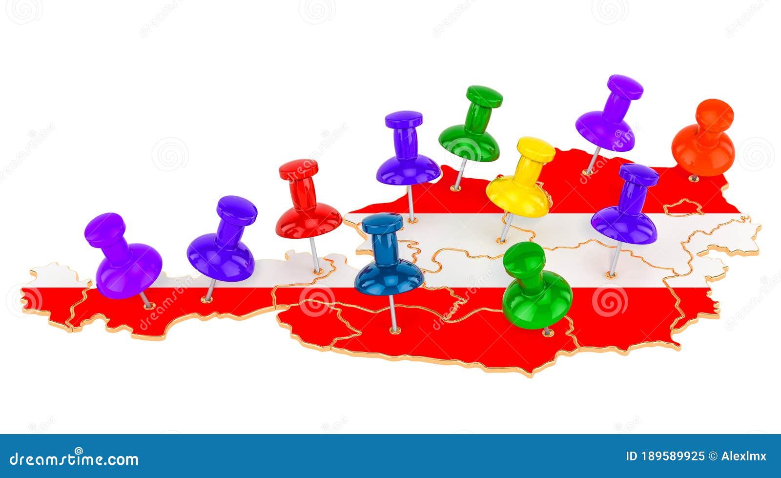 Map of Austria with Colored Push Pins, 3D Rendering Stock Illustration ...
