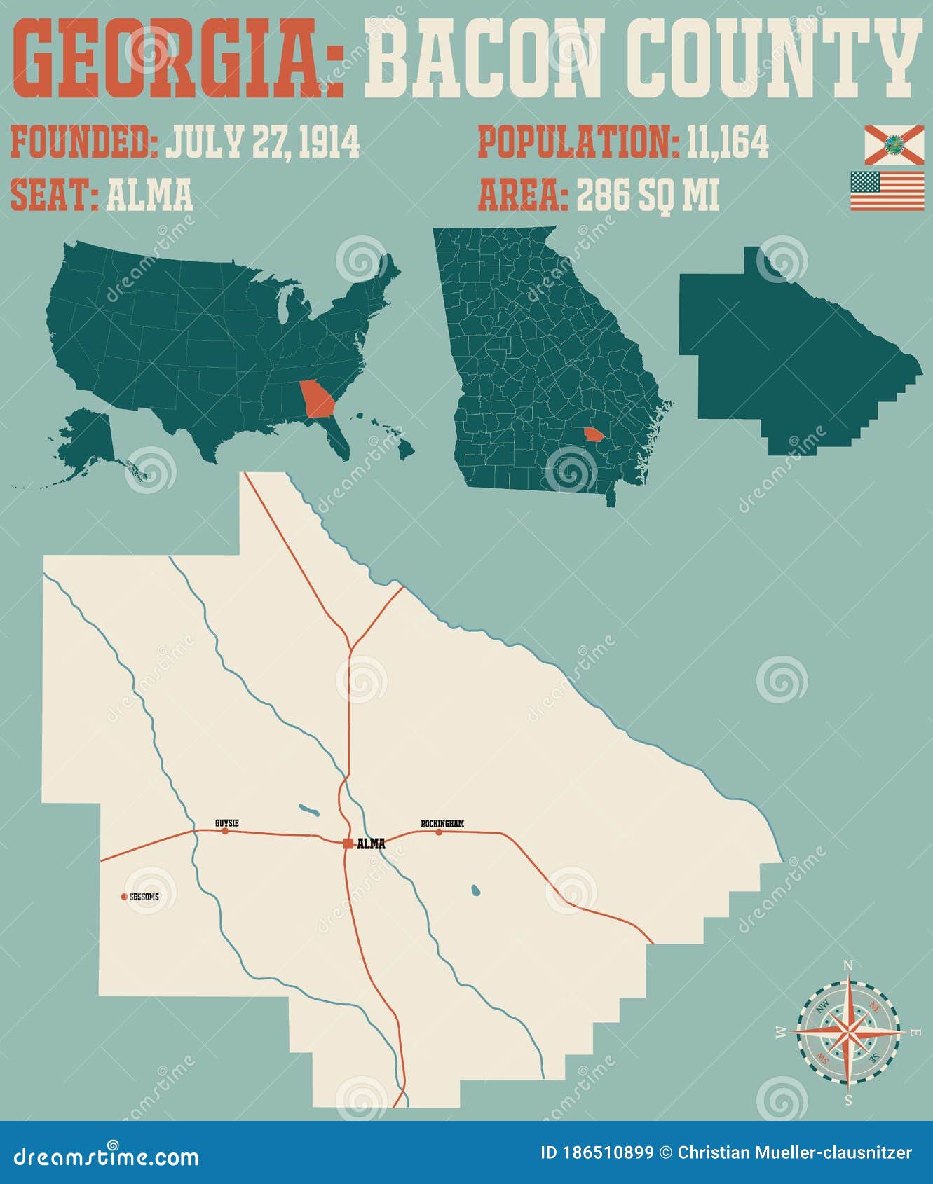 Map of Bacon County in Georgia Stock Vector - Illustration of american ...