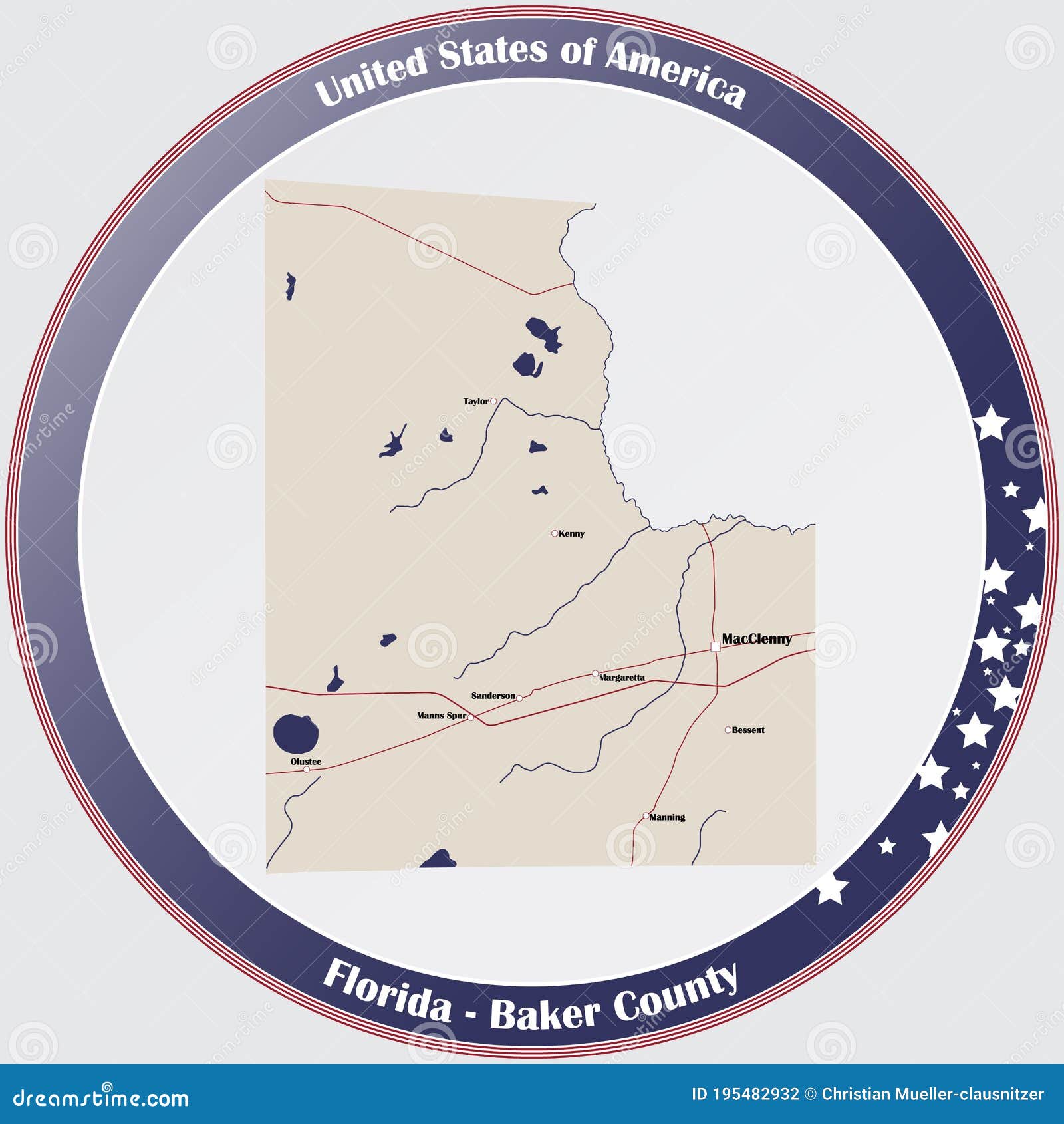Map of Baker County in Florida Stock Vector - Illustration of round ...