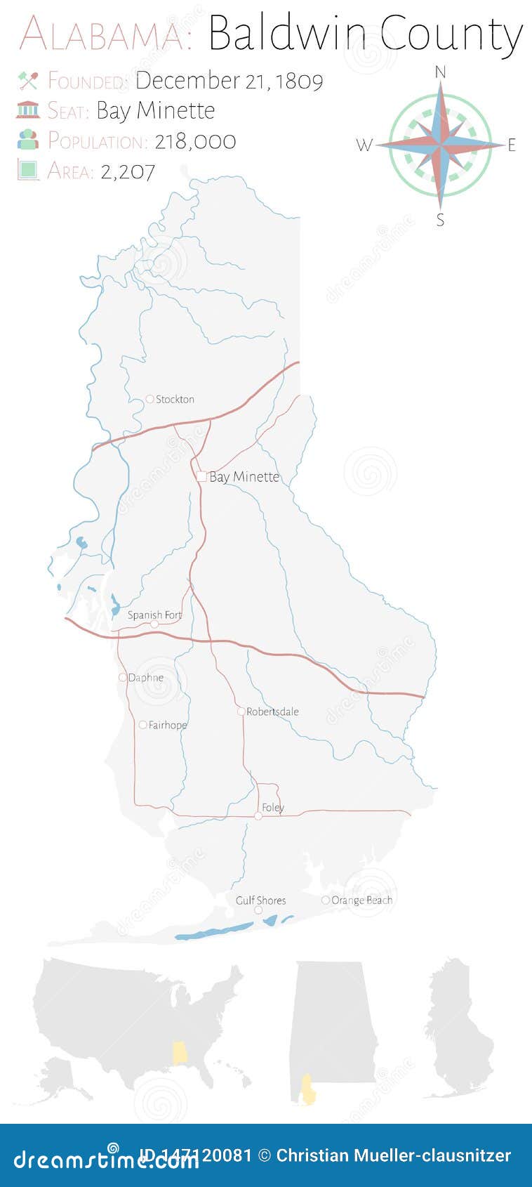 Map of Baldwin County in Alabama Stock Vector - Illustration of rivers ...