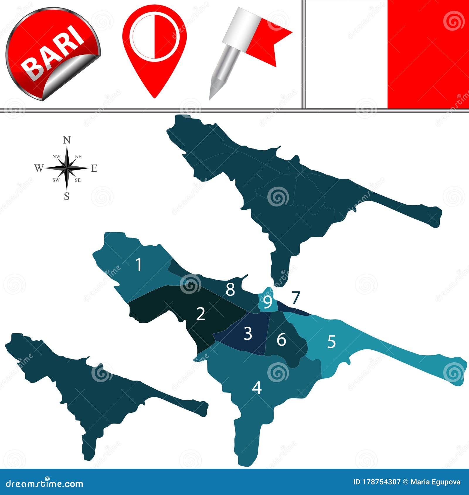 Map of Bari, Italy with Subdivisions Stock Vector - Illustration of ...