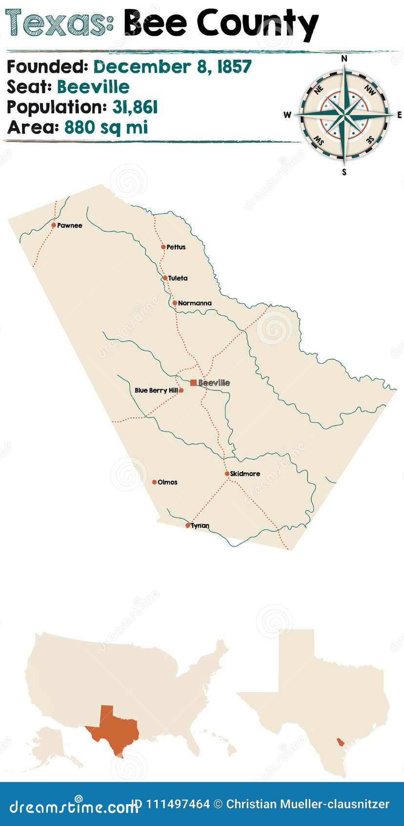 Map of Bee county in Texas stock vector. Illustration of highway ...