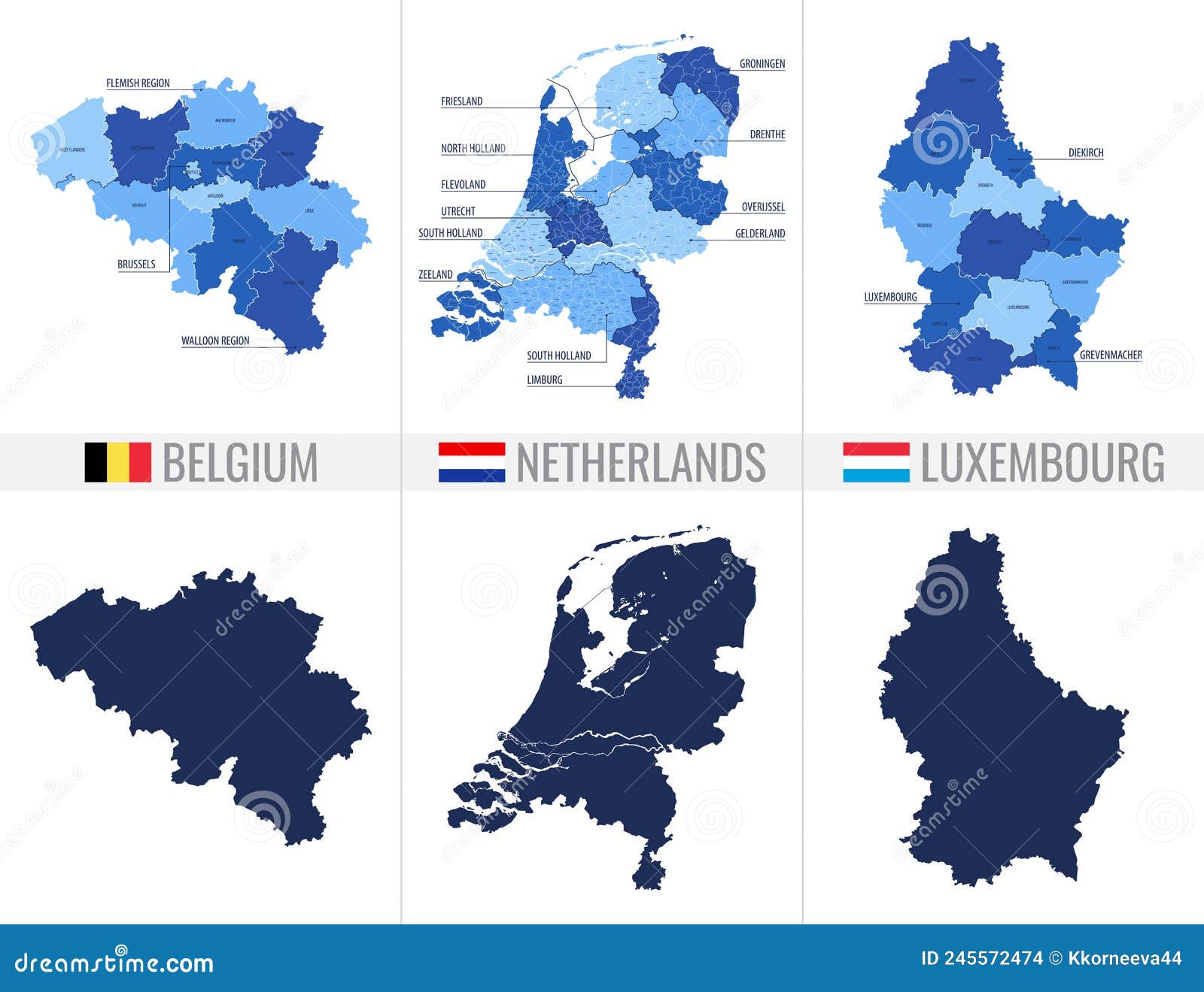 Map of the Benelux Countries in Blue Colors on White Background, with ...