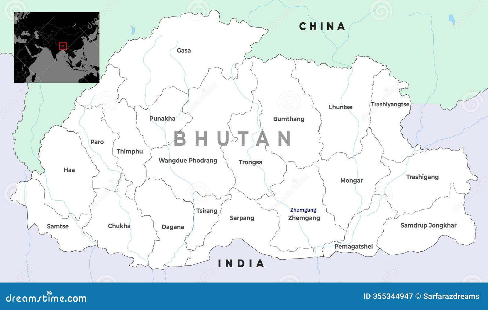 Map of Bhutan with District Boundaries with Their Names Stock ...